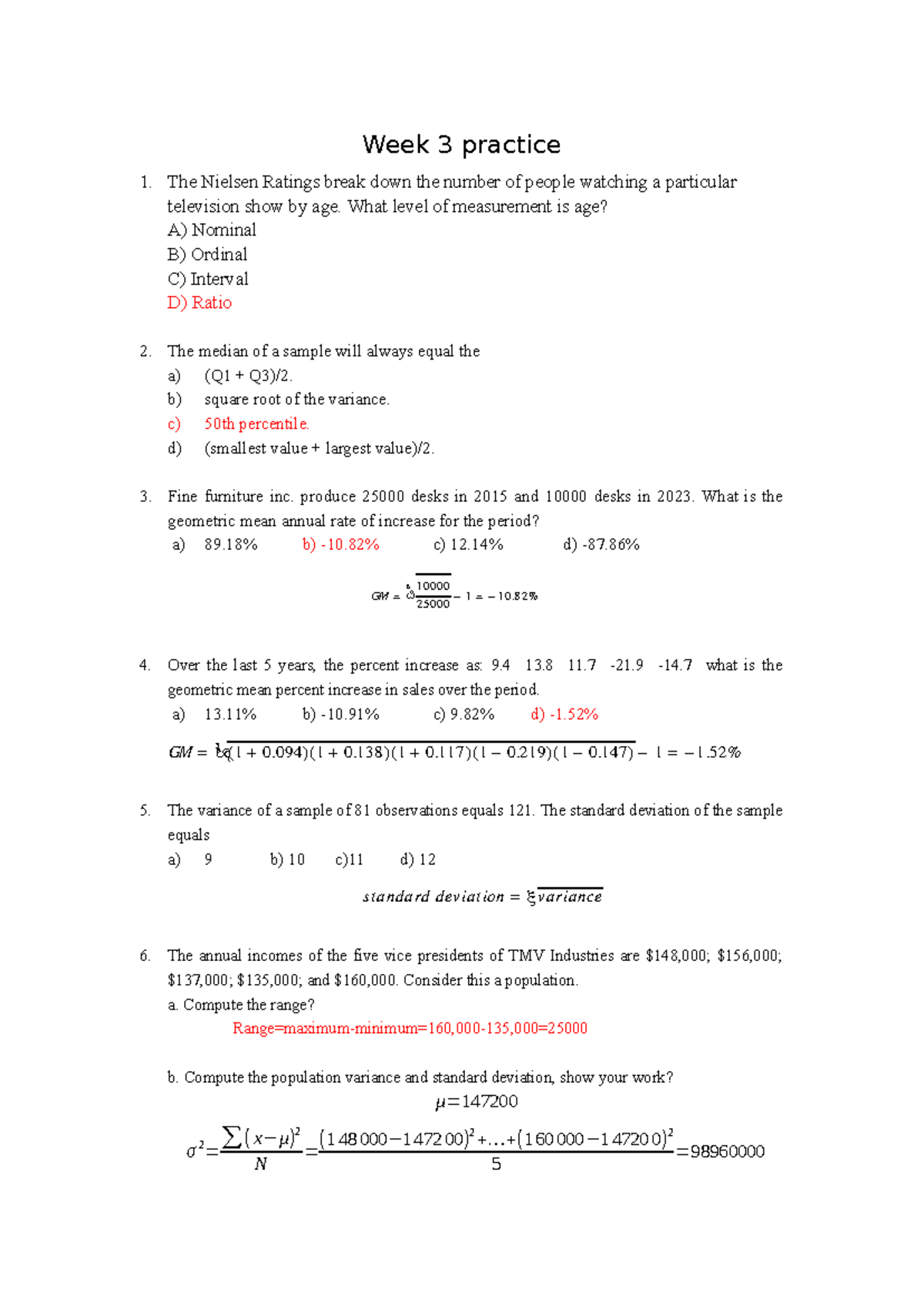 Week 3 Practice Questions & Answers for Stats Course - Studocu