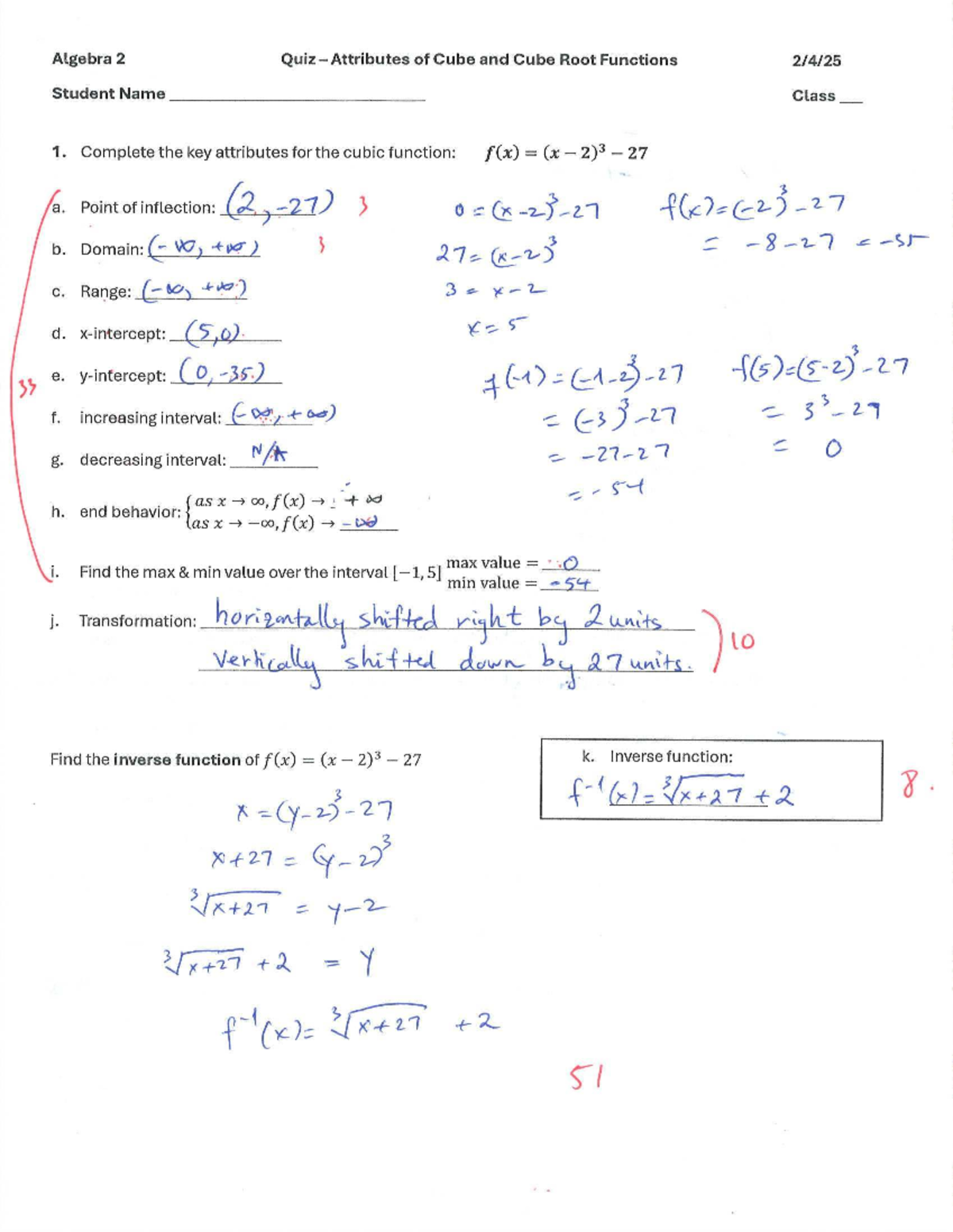 Algebra 2 Quiz: Key Attributes of Cube & Cube Root Functions - Studocu