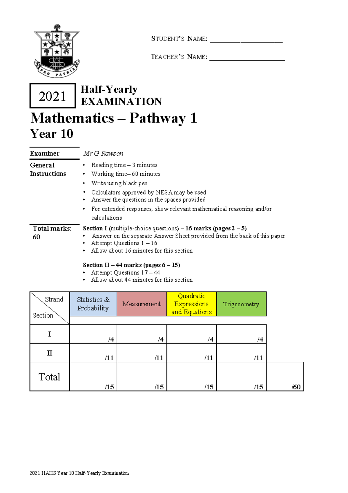 Yr 10 Mathematics Half-Yearly Exam (2021) - Pathway 1 - Studocu