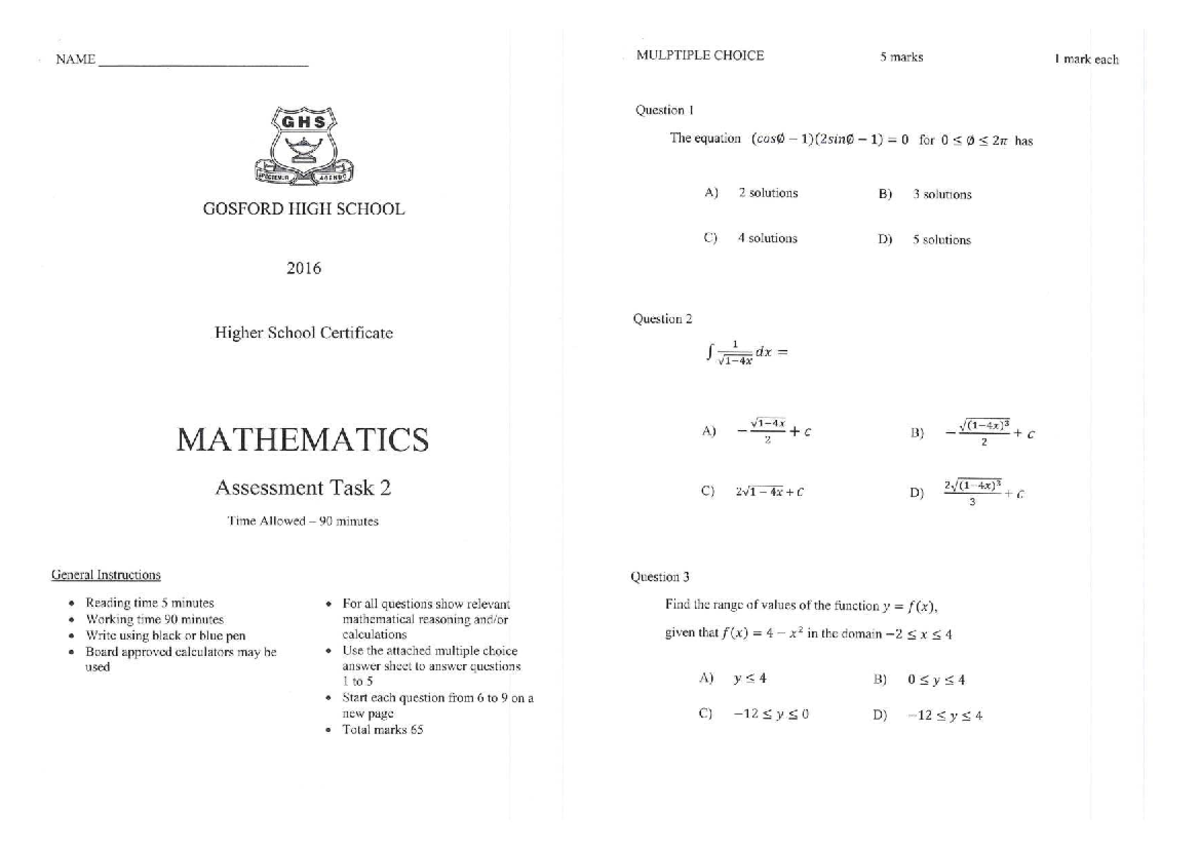 GHS HSC Mathematics 2016 Multiple Choice Solutions - Studocu