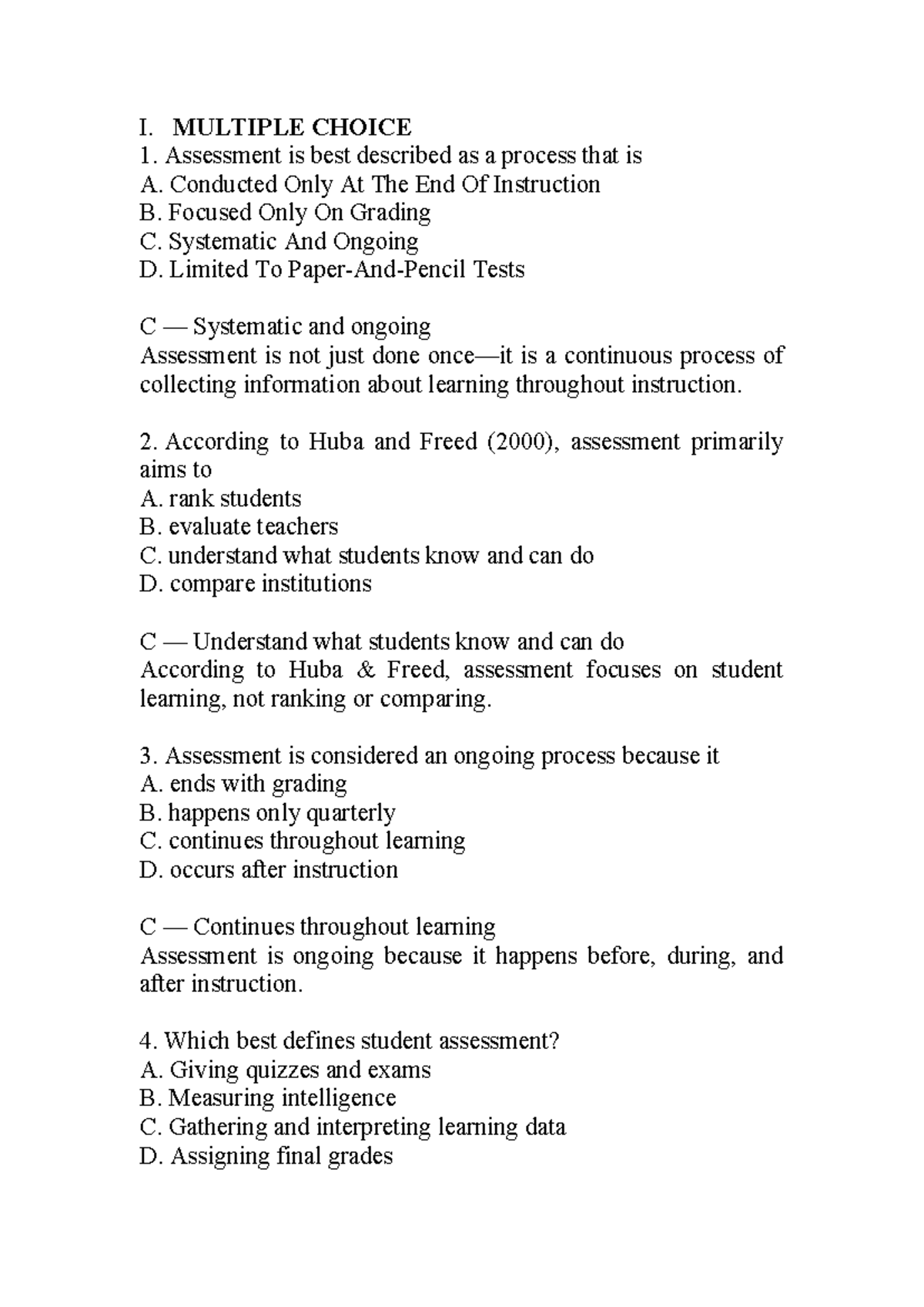 Assessment of Student Learning: Multiple Choice Questions (MCQ) - Studocu