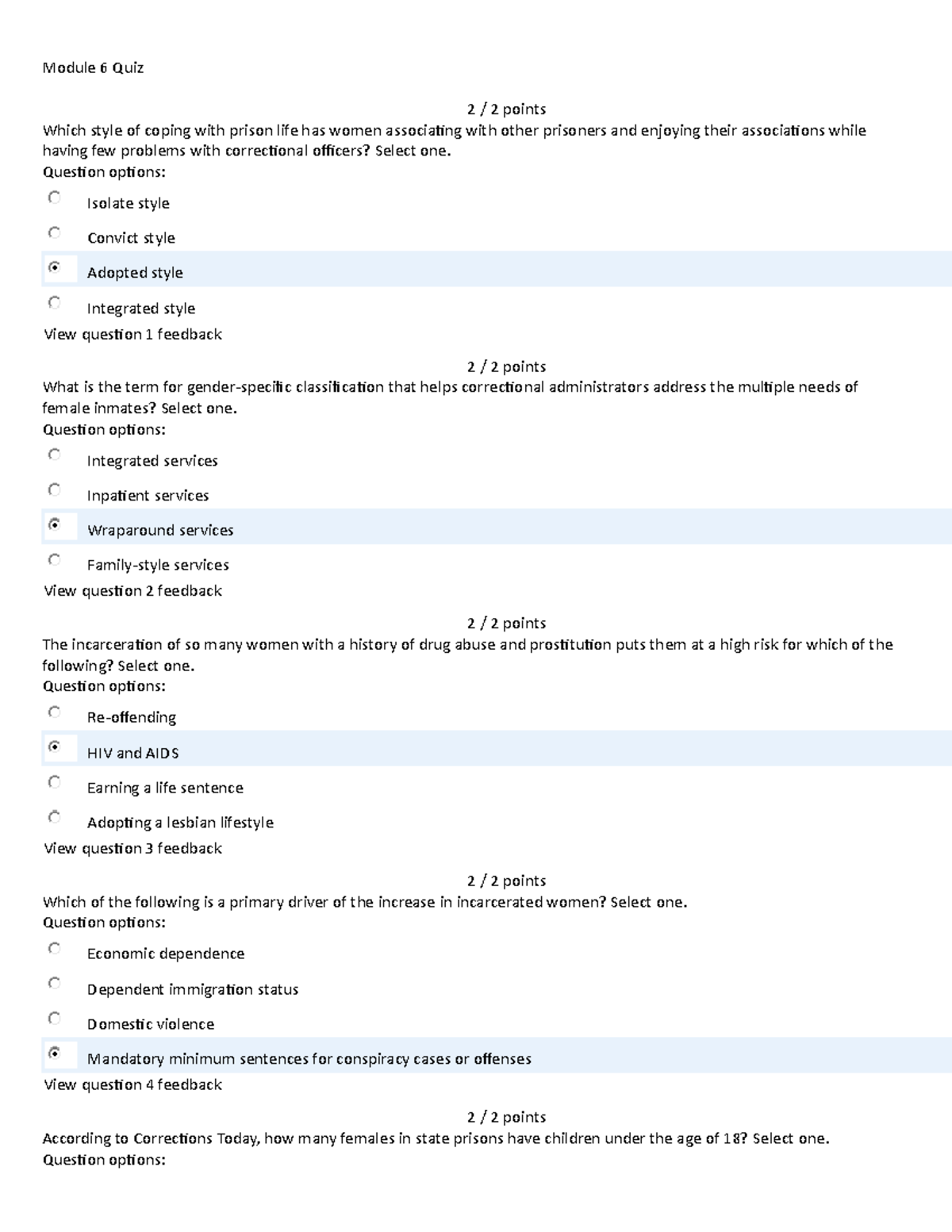 Module 6 Quiz - Coping Styles and Gender-Specific Needs in Prisons ...