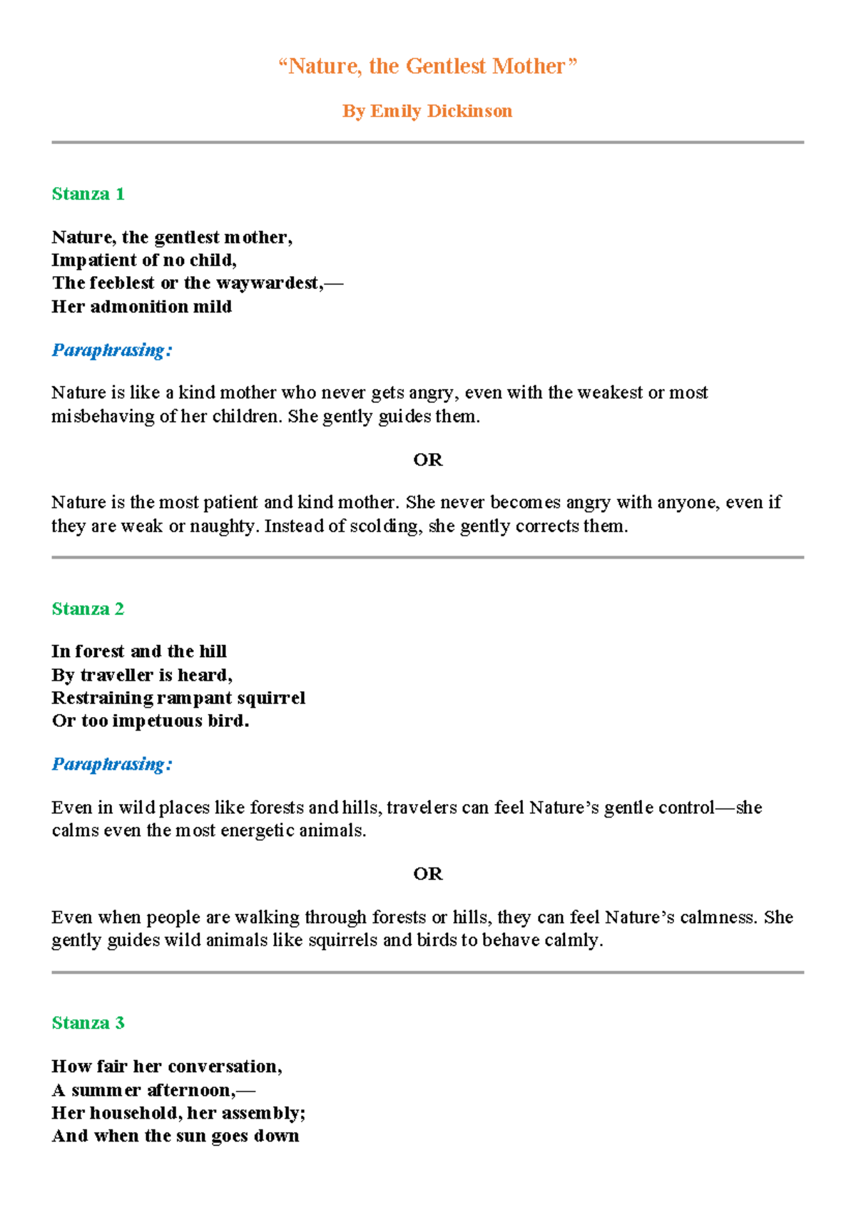 Emily Dickinson's "Mother Nature" Analysis and Paraphrase - Studocu