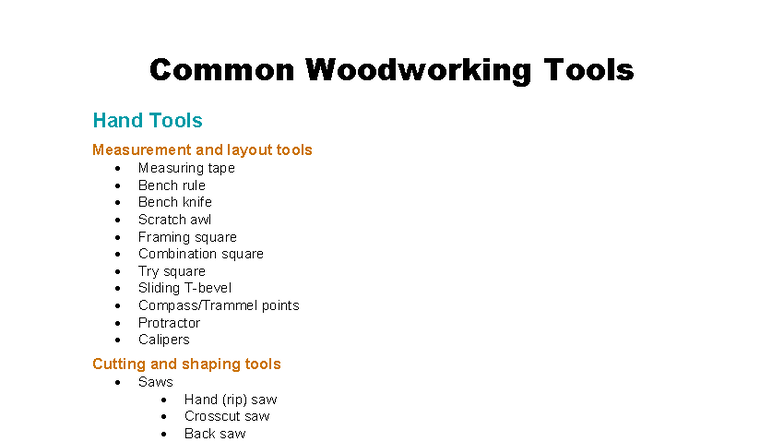 Woodworking Tools Overview: Hand & Power Tools Guide - Studocu