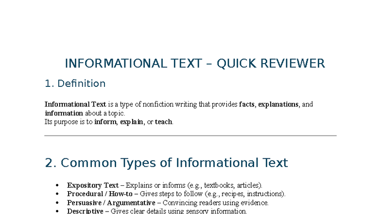 INFORMATIONAL TEXT REVIEW: TYPES & FEATURES - Studocu