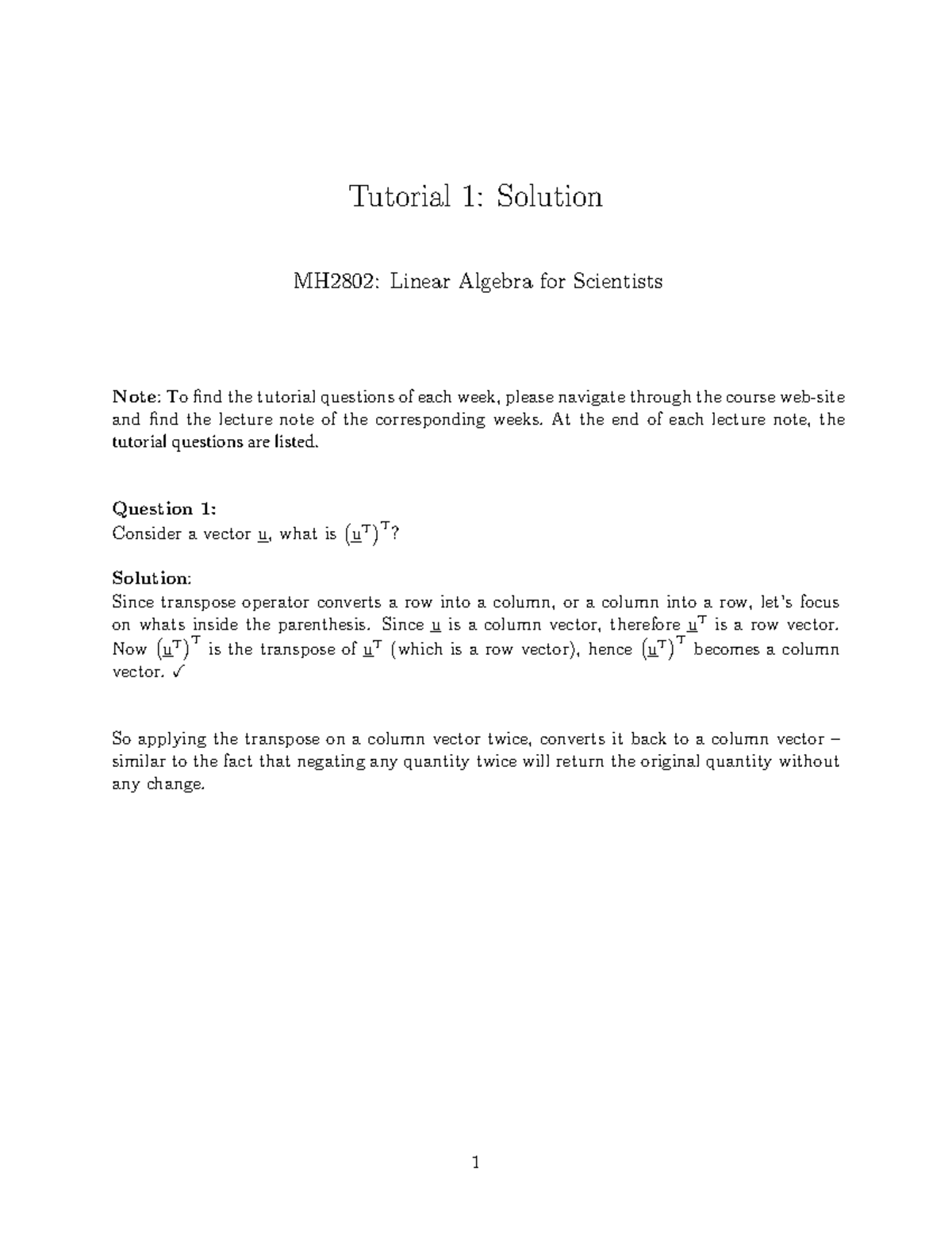 MH2802 Linear Algebra Tutorial 1 Solutions and Explanations - Studocu