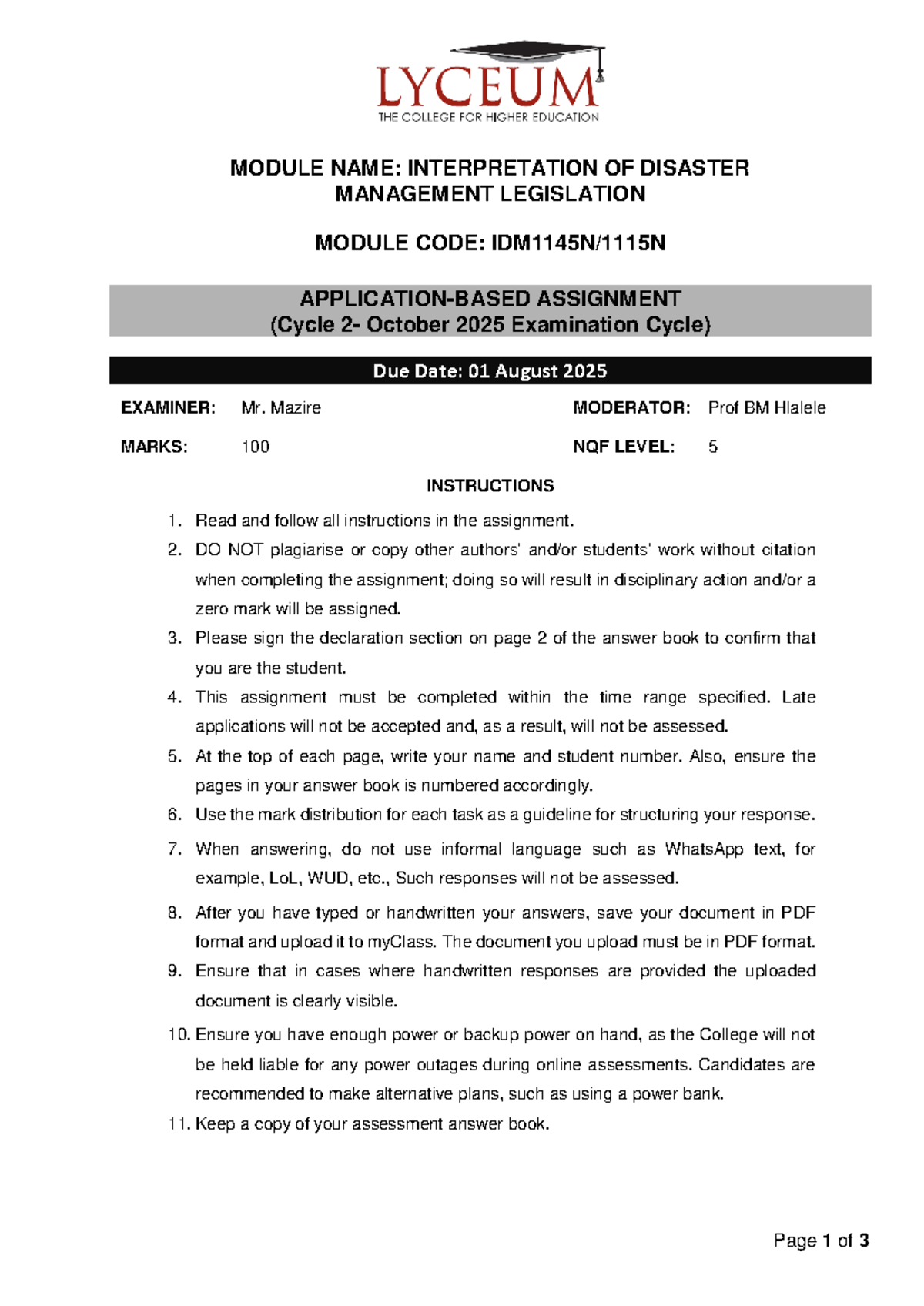 IDM1145N Disaster Management Legislation Assignment - Oct 2025 - Studocu