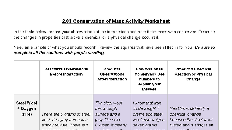 2.03 Conservation of Mass Activity Worksheet - Science 3 FLVS - Studocu