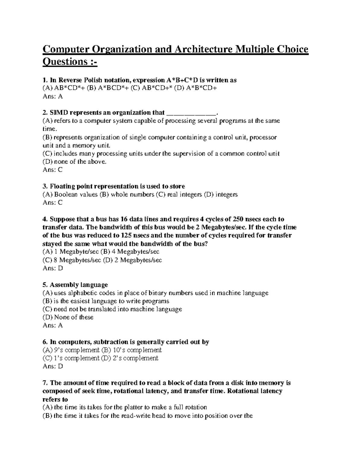 Computer Organization and Architecture MCQs Revision Notes - Studocu