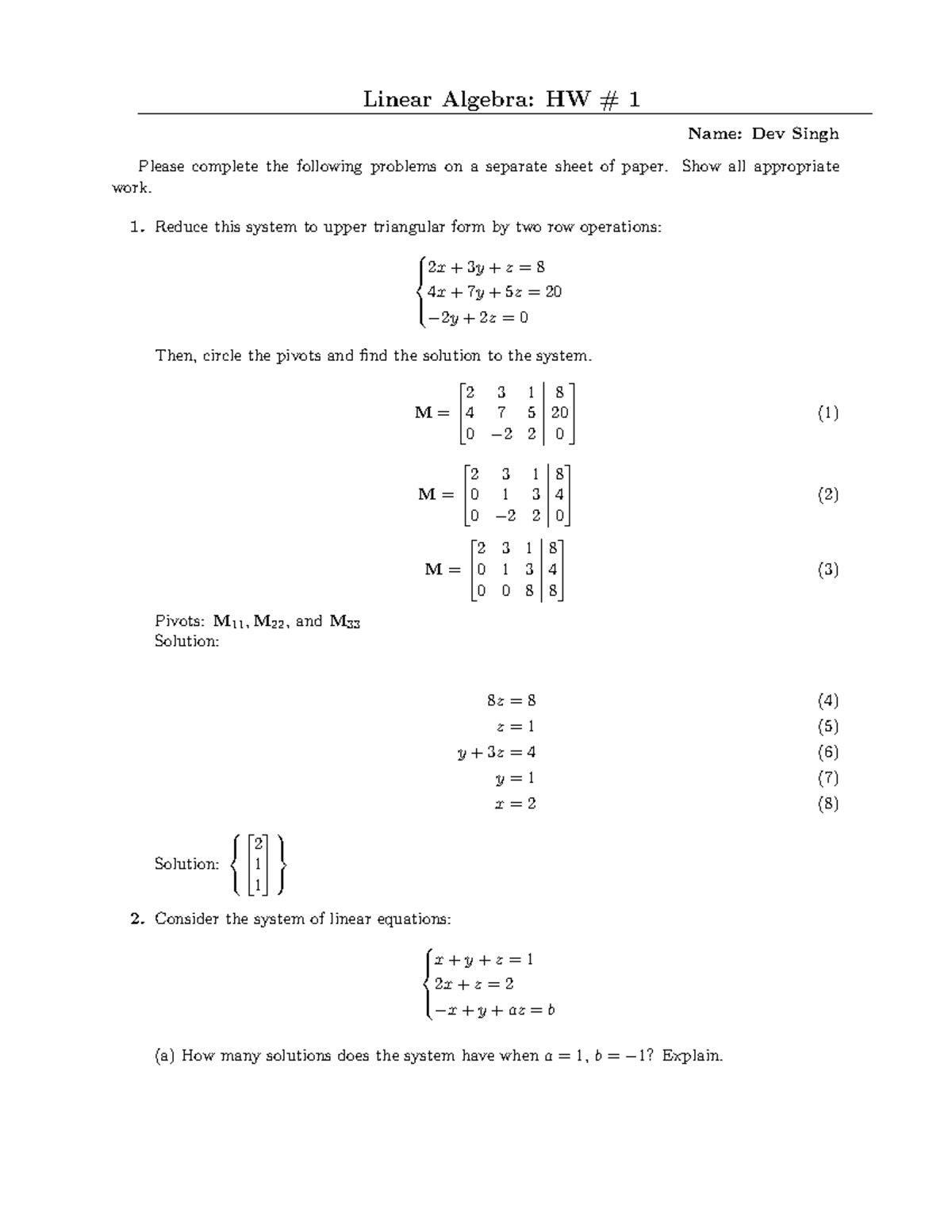 HW1 - MATH 415 Applied Linear Algebra - Linear Algebra: HW # 1 Name ...