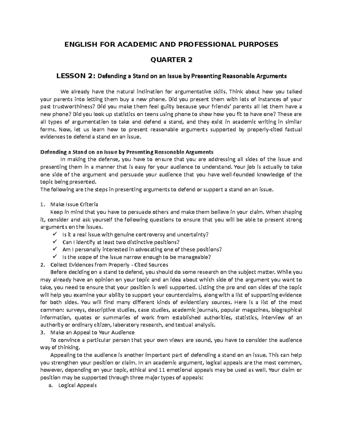 EAPP - Quarter 2 - Lesson 2: Crafting Persuasive Arguments in Academia ...