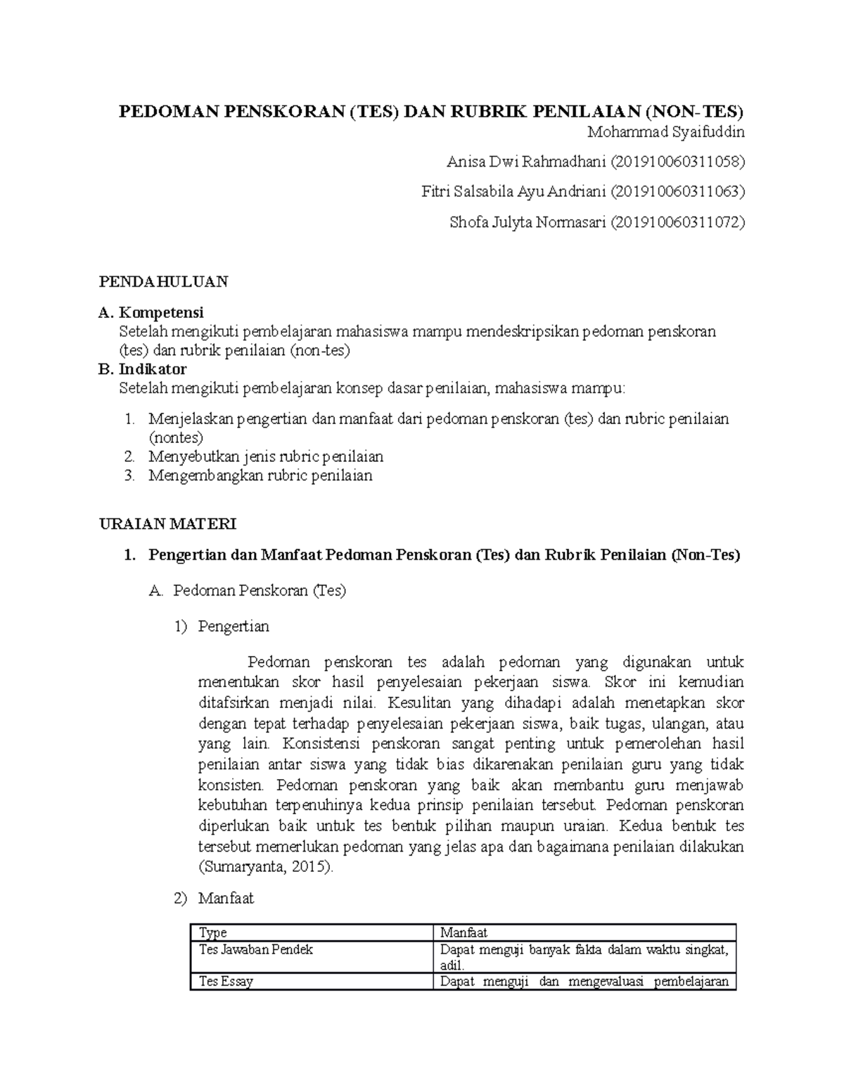 Pedoman Penskoran dan Rubrik Penilaian untuk Mahasiswa (KODE: TES ...