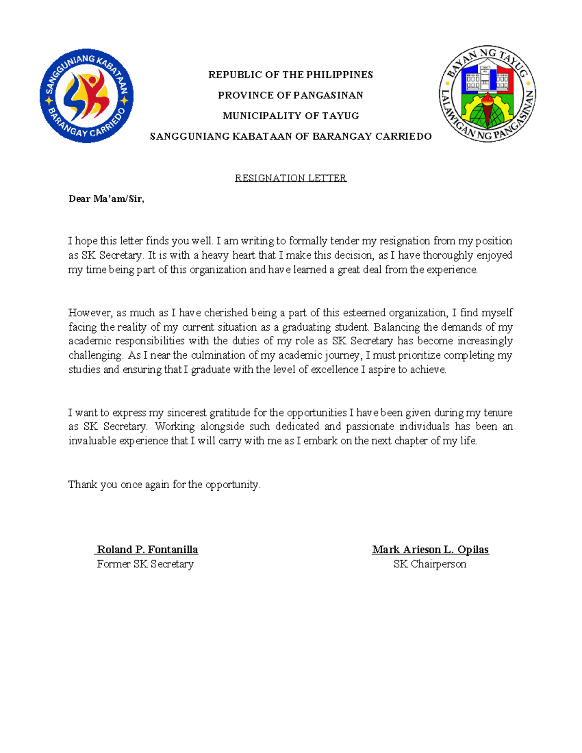 SK Resignation Letter by Roland P. Fontanilla - Formal Notice - Studocu
