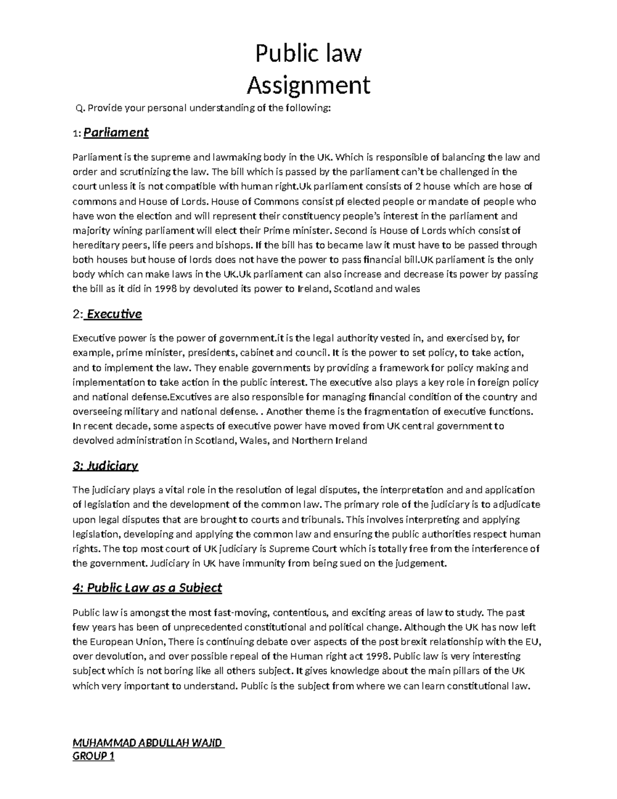 understanding of parliament,excutive,Judiciary - Public law Assignment ...