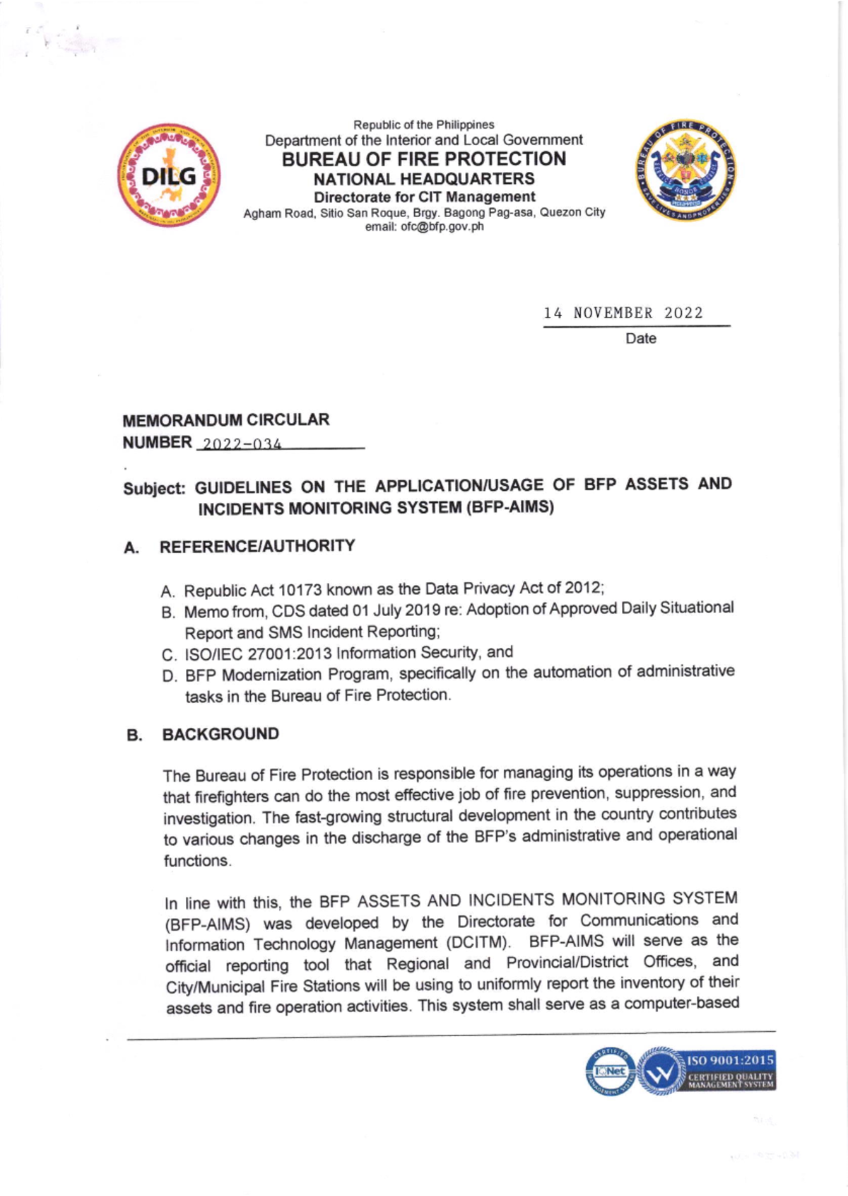 MC 2022 034 Guidelines for BFP Assets and Incidents Monitoring System ...