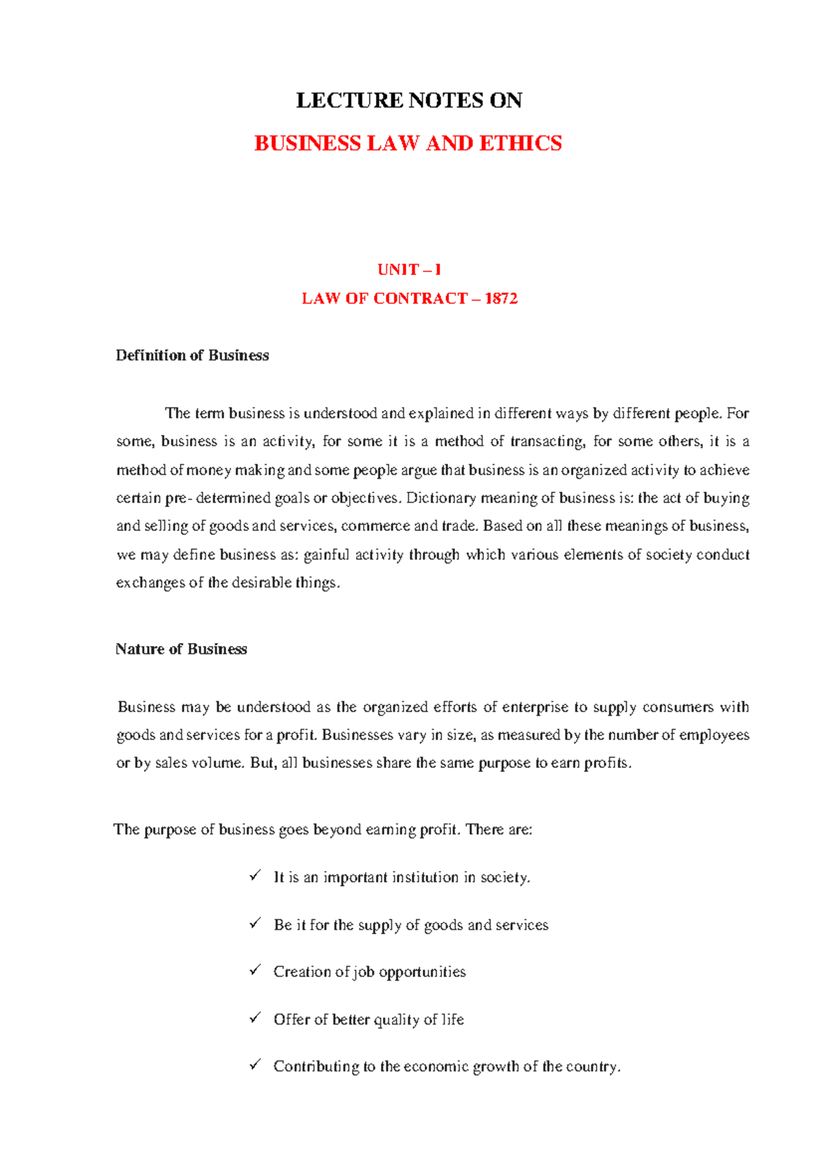 Business Law & Ethics Lecture Notes (Unit I: Law of Contract) - Studocu