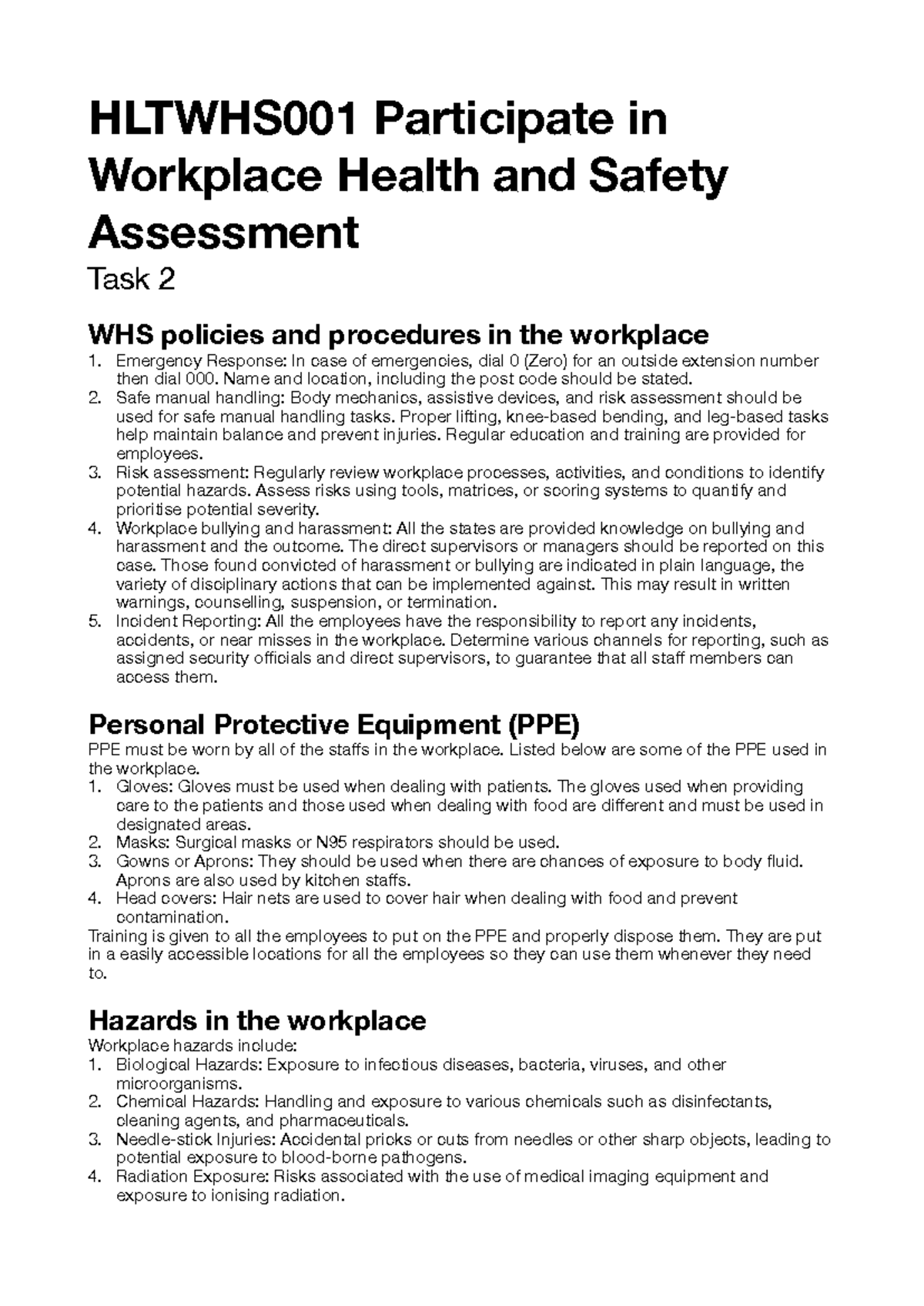 HLTWHS001 Task 2: WHS Policies and Procedures in the Workplace - Studocu