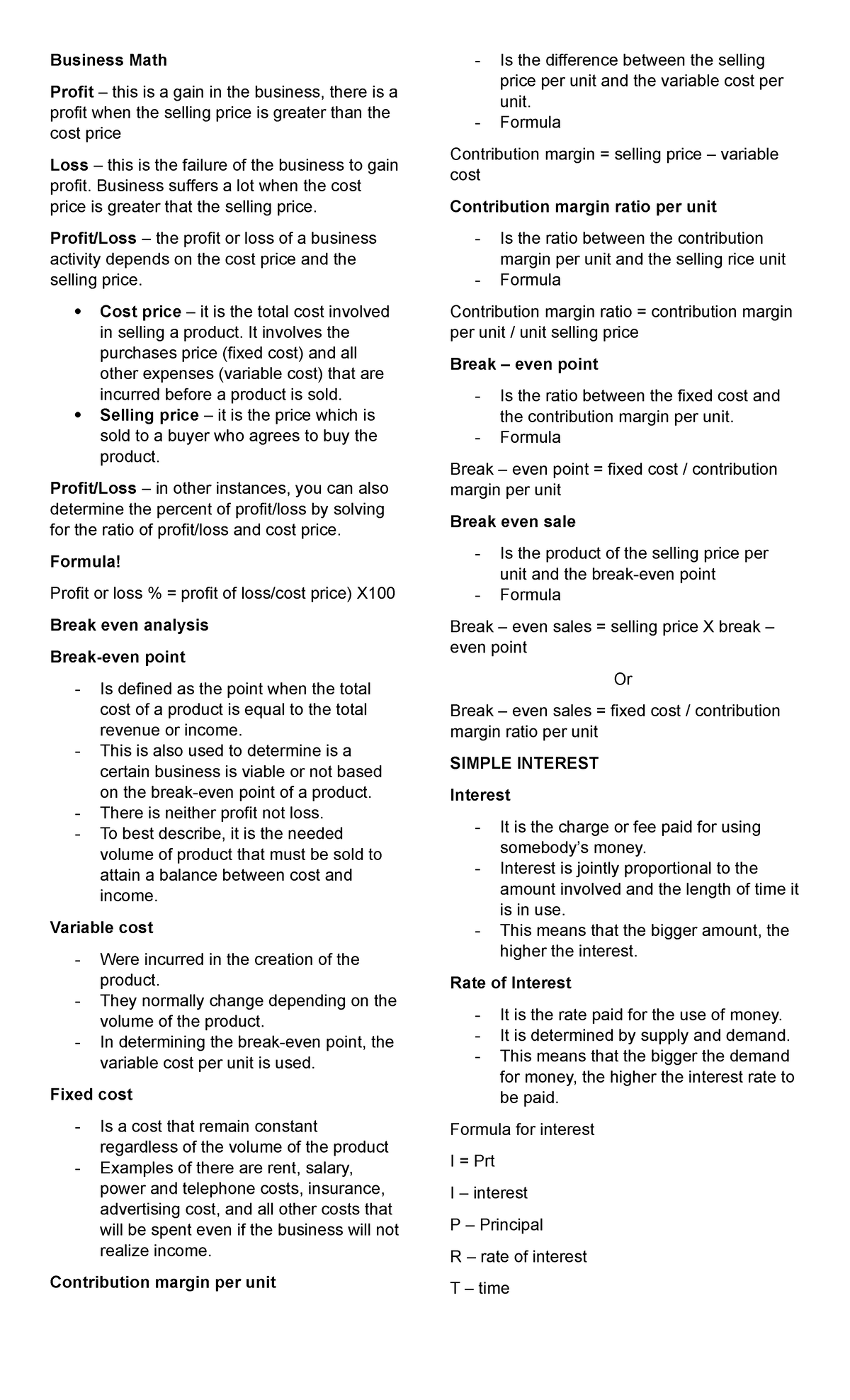 Business-Math - N/A - Business Math Profit – this is a gain in the ...