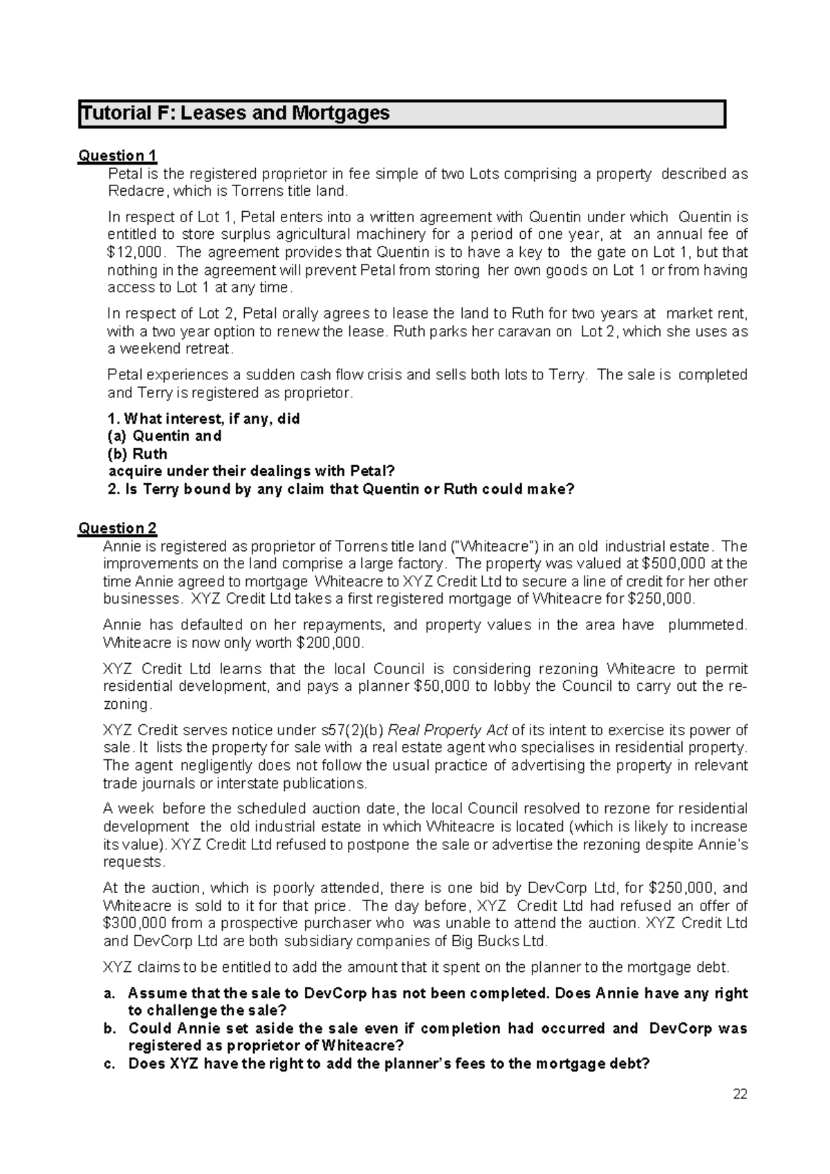 Leases and Mortgages Tutorial F: Key Issues and Questions - Studocu