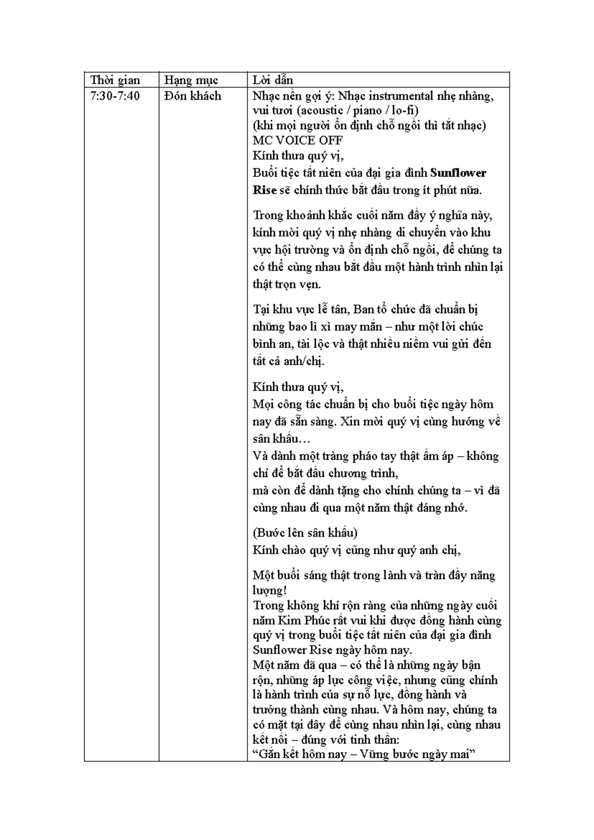 Kịch bản MC cho Buổi Tiệc Tất Niên Sunflower Rise 2025 - Studocu
