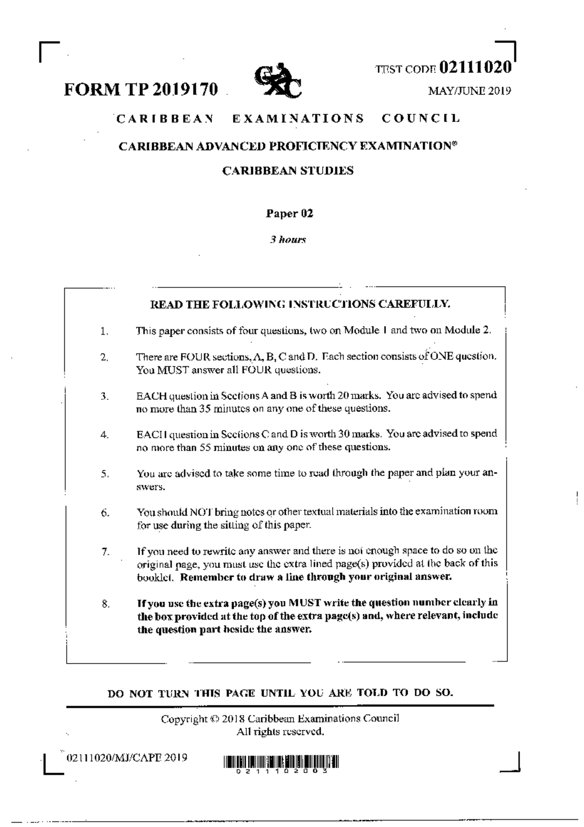 CAPE Caribbean Studies 2019 Paper 02 Exam Instructions and Questions ...