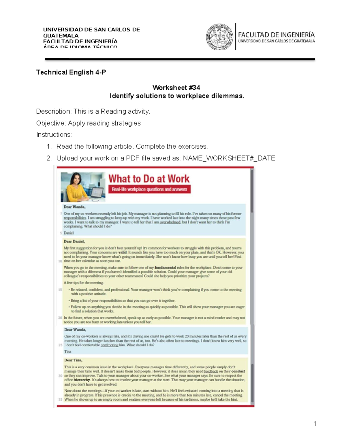 TE4P Technical English Worksheet: Solutions to Workplace Dilemmas - Studocu