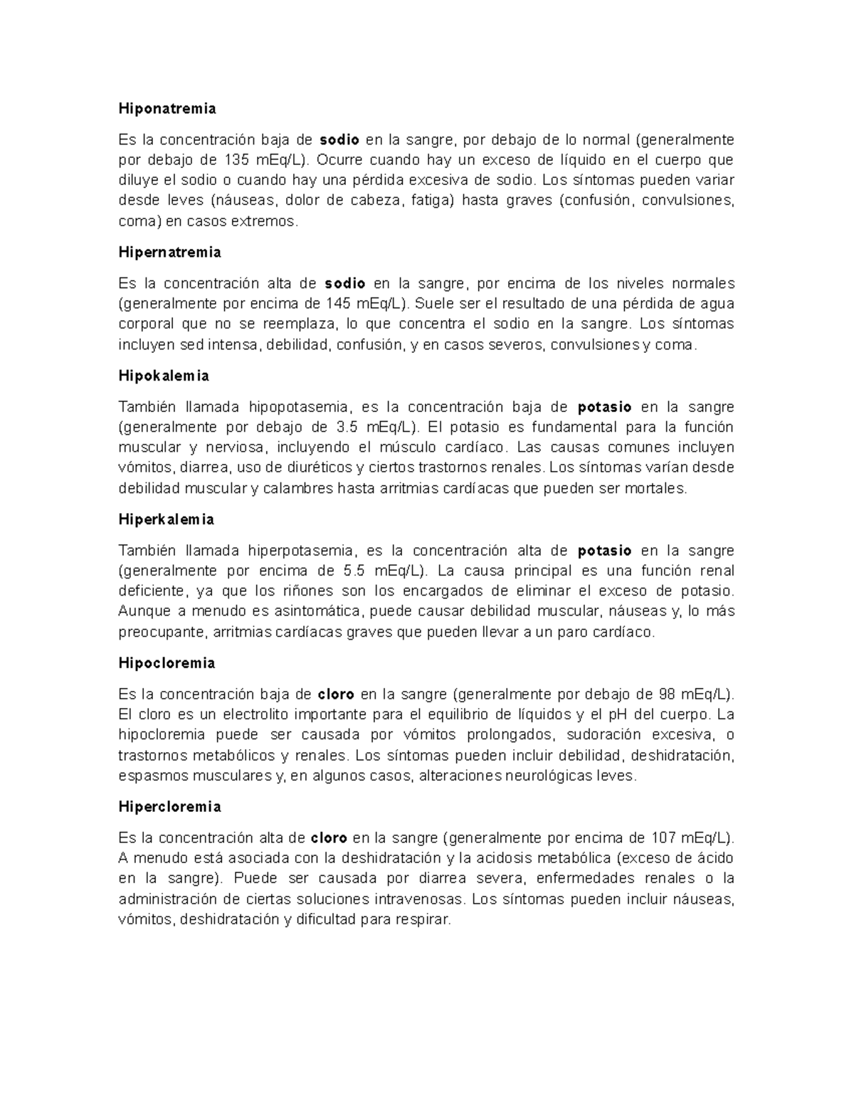 Alteraciones Electrolíticas: Hiponatremia, Hipernatremia y Más - Studocu