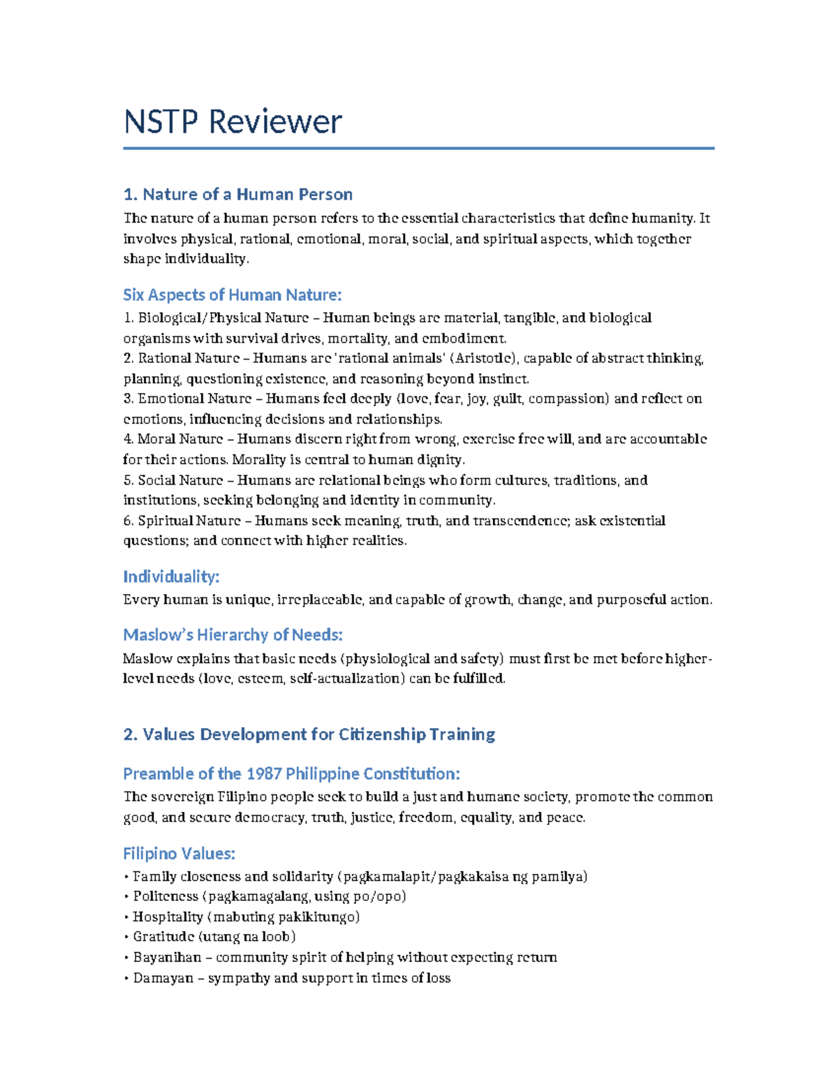 NSTP Reviewer 1: Understanding Human Nature and Values - Studocu