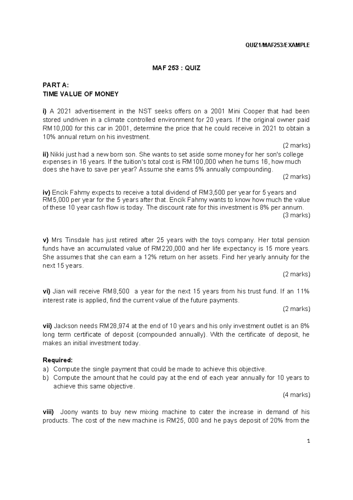 MAF 253: QUIZ PART A - TIME VALUE OF MONEY EXAMPLES - Studocu