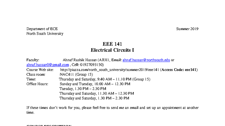 Course Outline for EEE 141: Electrical Circuits I - Summer 2019 - Studocu