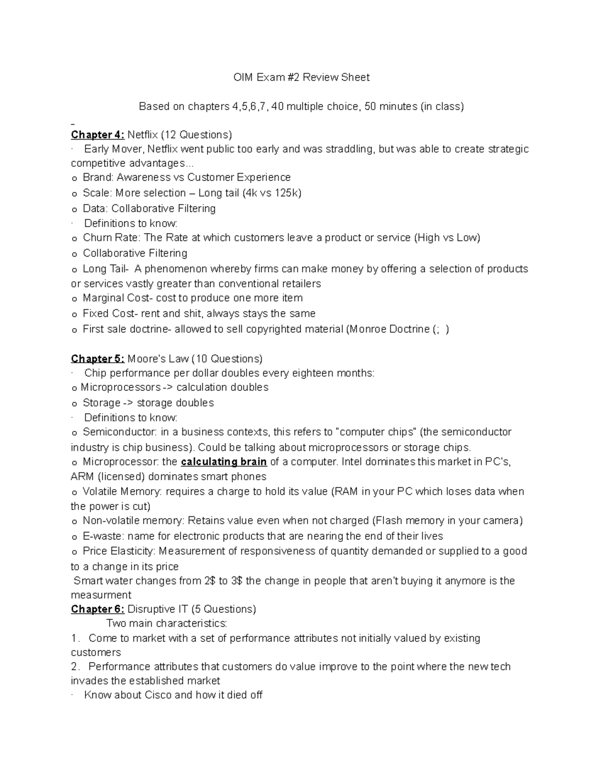 OIM EXAM 2 NOTES - OIM Exam Review Sheet Based on chapters 4,5,6,7, 40 ...