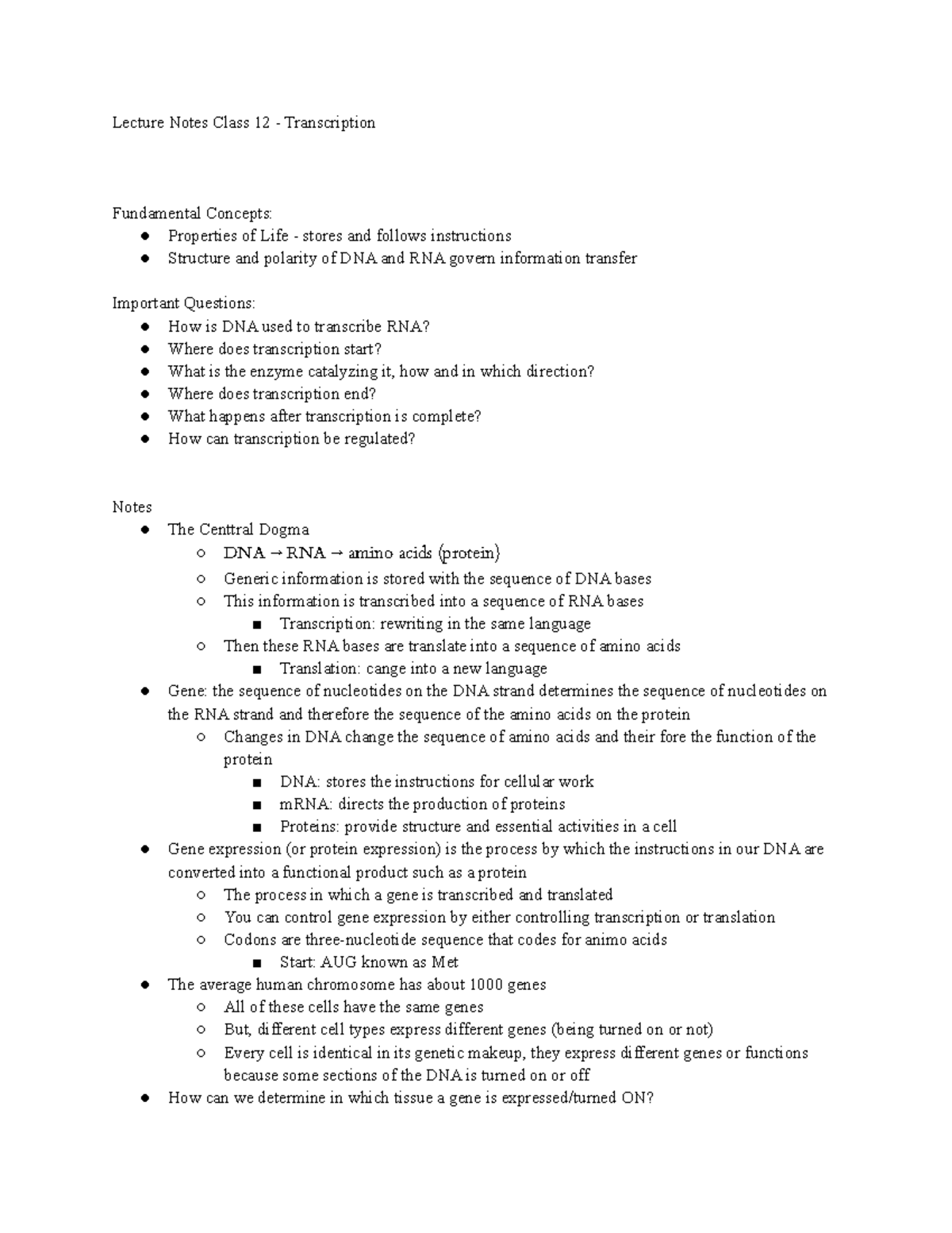 Class 12 - Lecture Notes on Transcription Concepts and Processes - Studocu