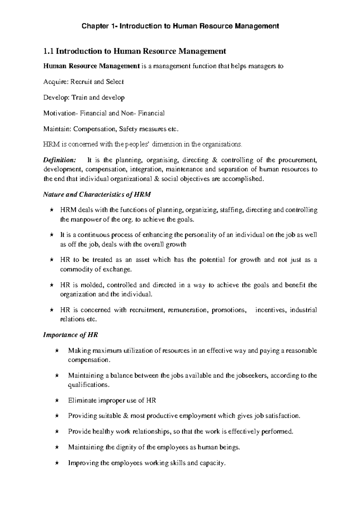 Summries Introduction-to-HRM - 1 Introduction to Human Resource ...