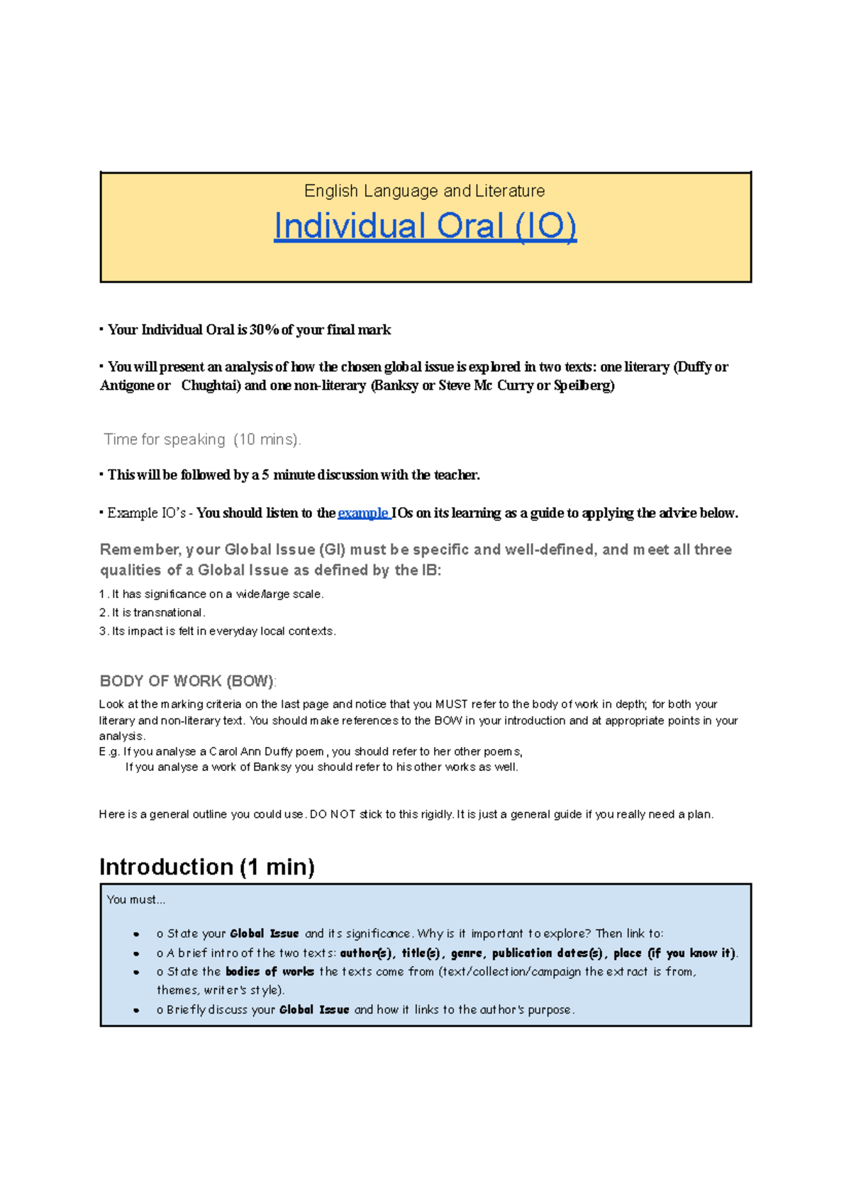 IO - Guidance for Individual Oral: English Language & Literature - Studocu