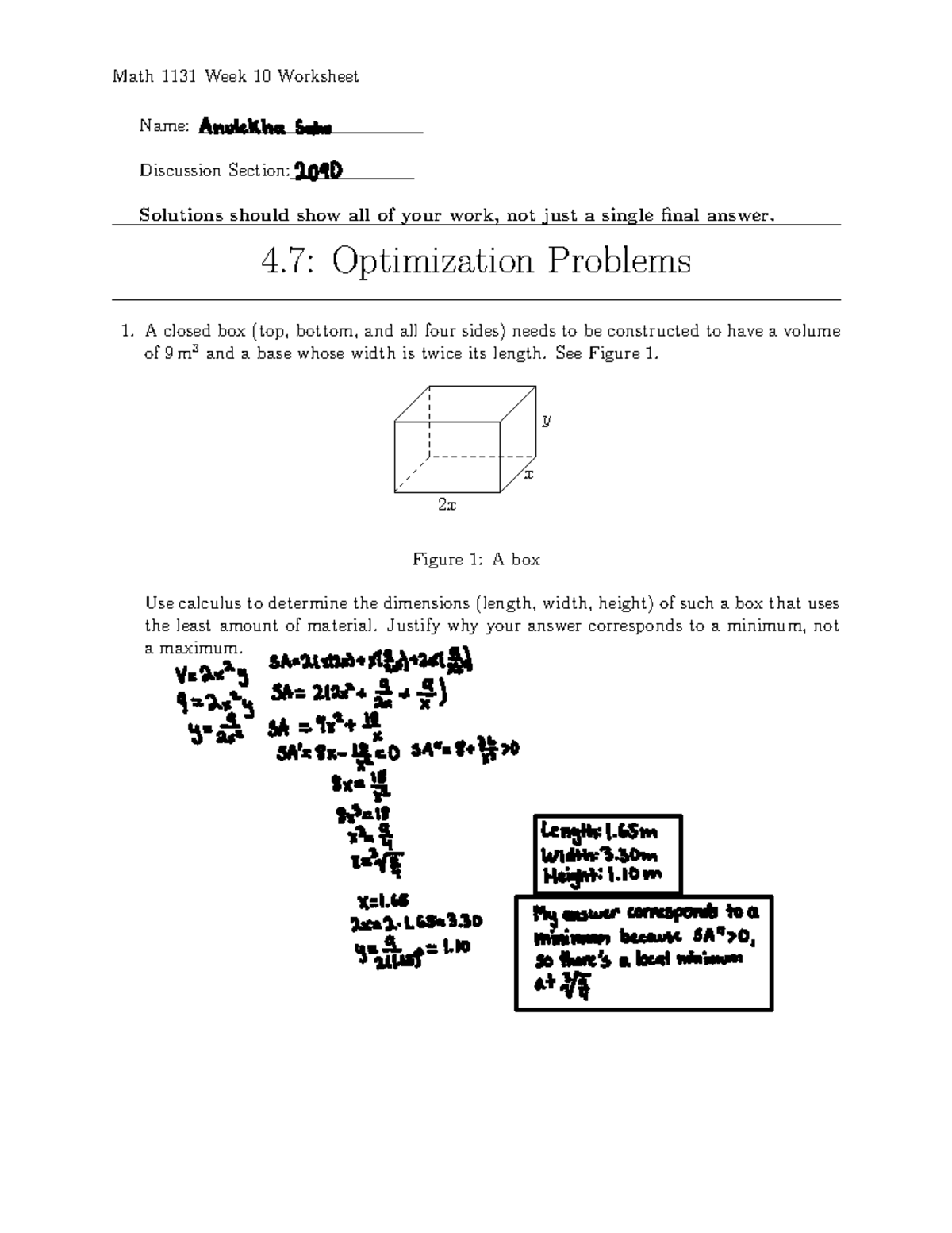 Week 10 Worksheet - Math 1131 Week 10 Worksheet Name: Discussion ...