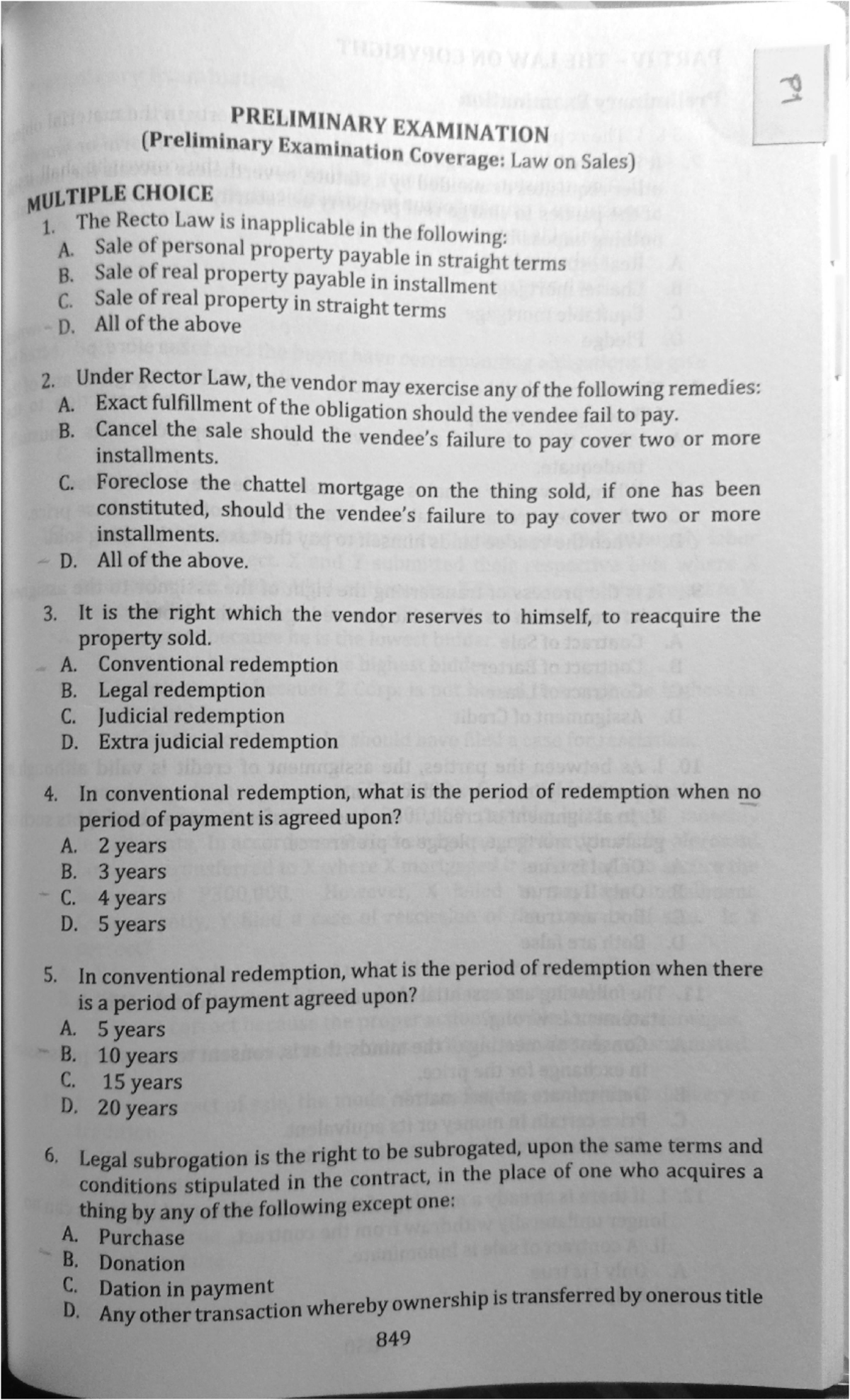 Law on Sales: Rflib Preliminary Exam Coverage - Multiple Choice ...