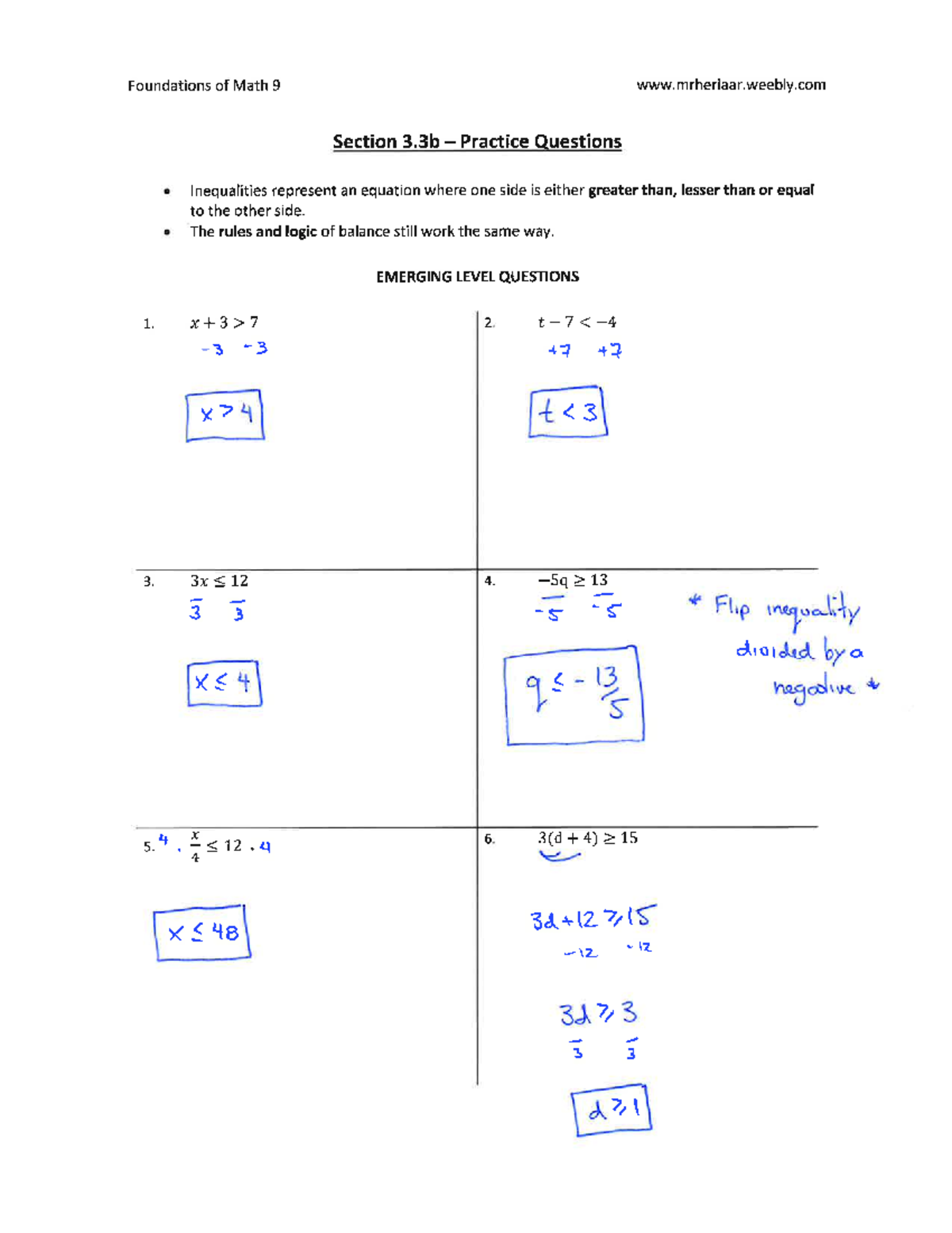 Foundations of Math 9 - Section 3.3b Practice Questions on Inequalities ...