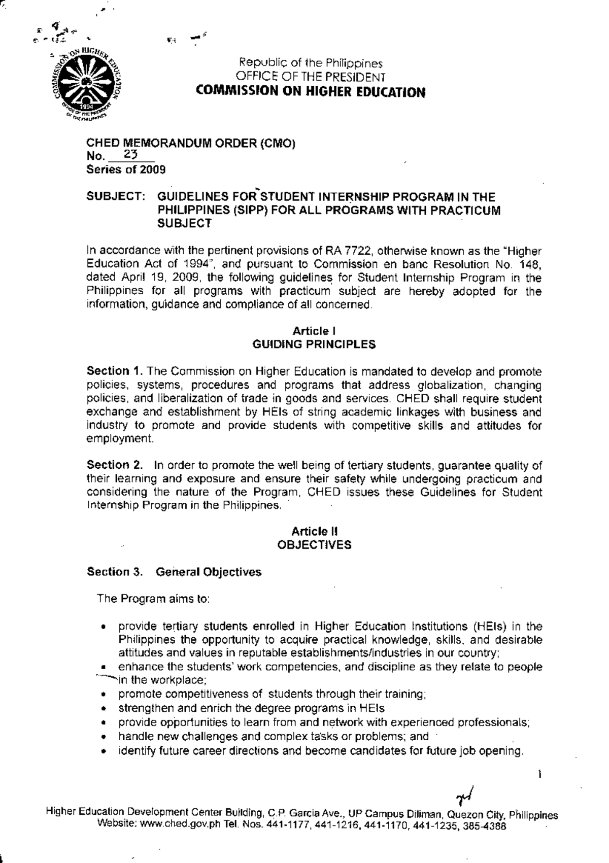 CHED CMO No. 23, 2009: Guidelines for Student Internship in PH - Studocu