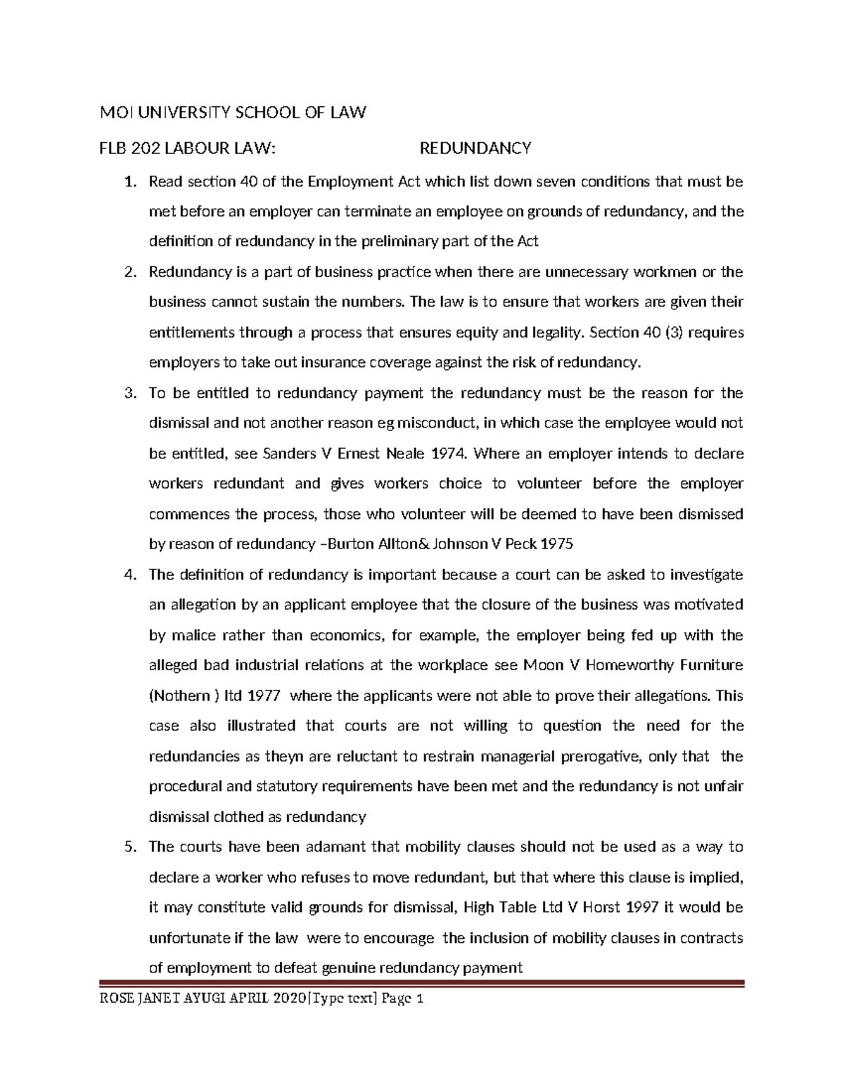 FLB 202 Labour Law: Understanding Redundancy Laws and Procedures - Studocu
