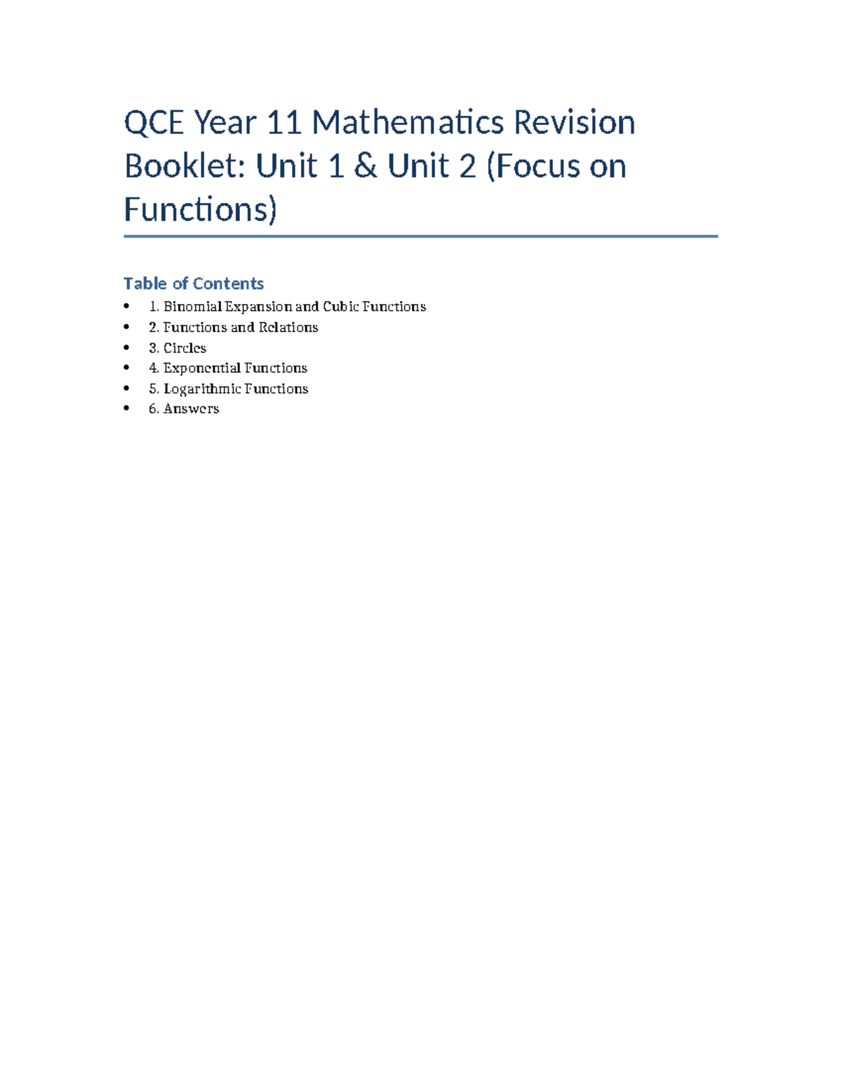 QCE Year 11 Maths Revision: Functions & Key Topics Overview - Studocu