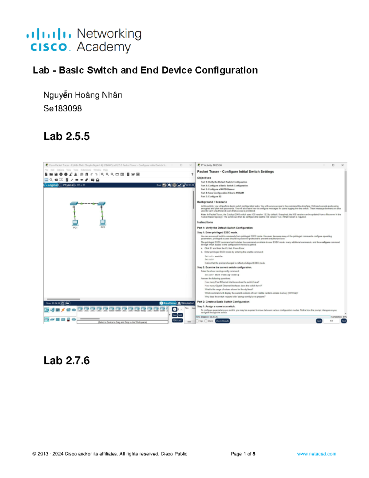2.9.2 Lab - Basic Switch and End Device Configuration - Nguyễn Hoàng Nhân Se Lab 2. Lab 2 ...