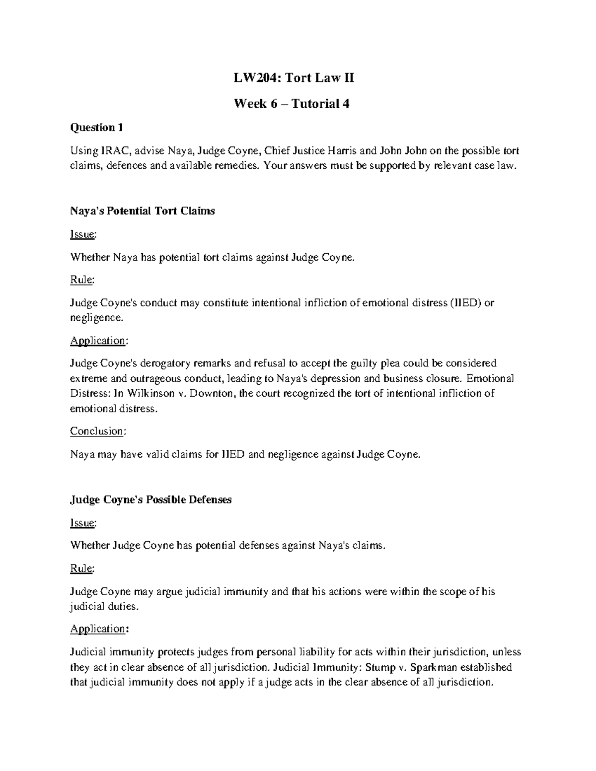 LW204: Tort Law II - Week 6 Tutorial 4 Analysis and Case Law Review ...
