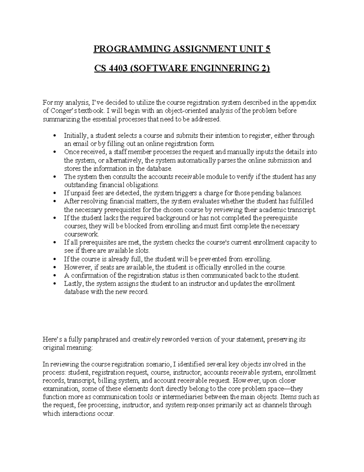 Programming Assignment Analysis: Course Registration System (CS 4403) - Studocu