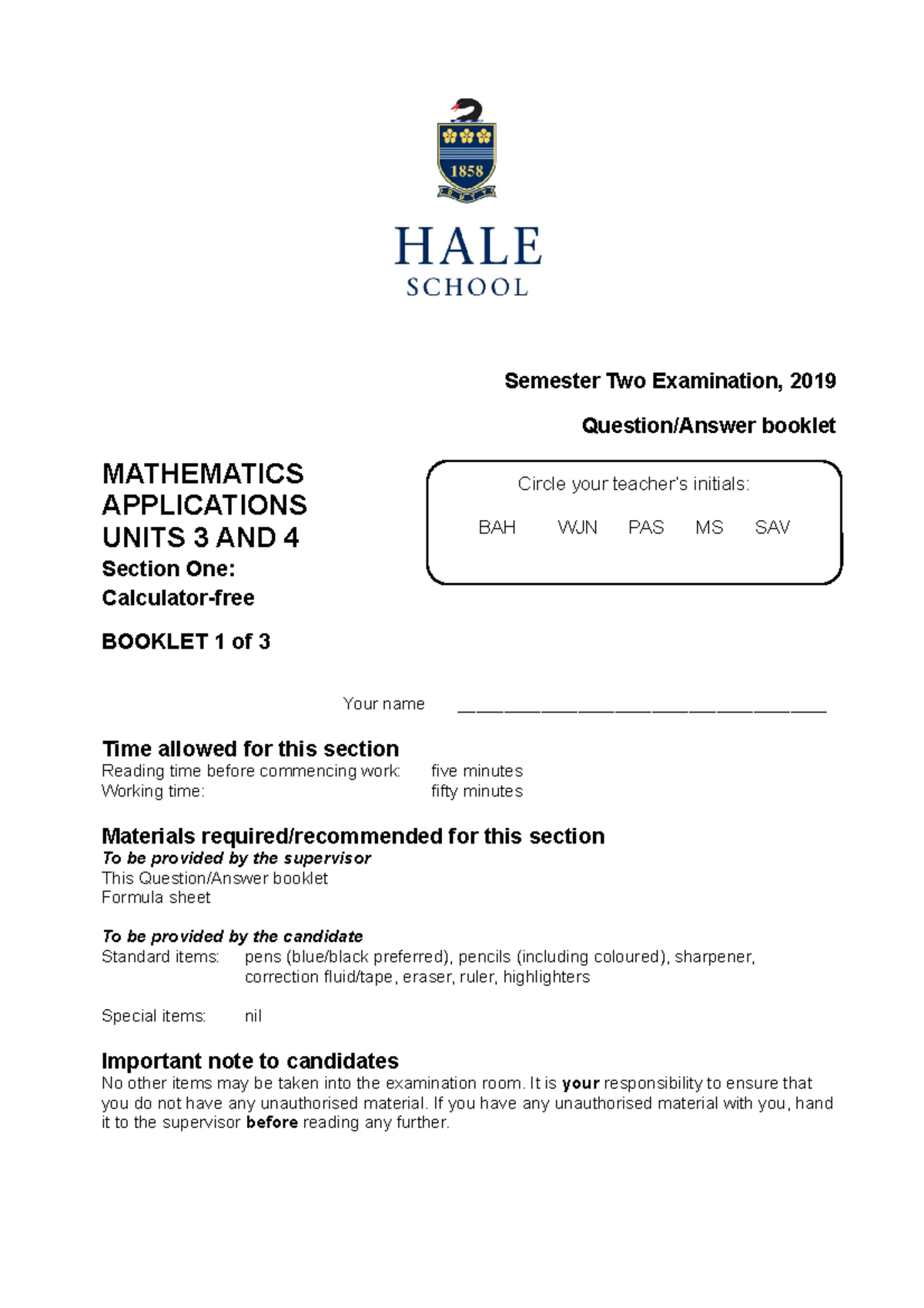 2019 S2 Mathematics Applications Exam - Calculator Free - Studocu