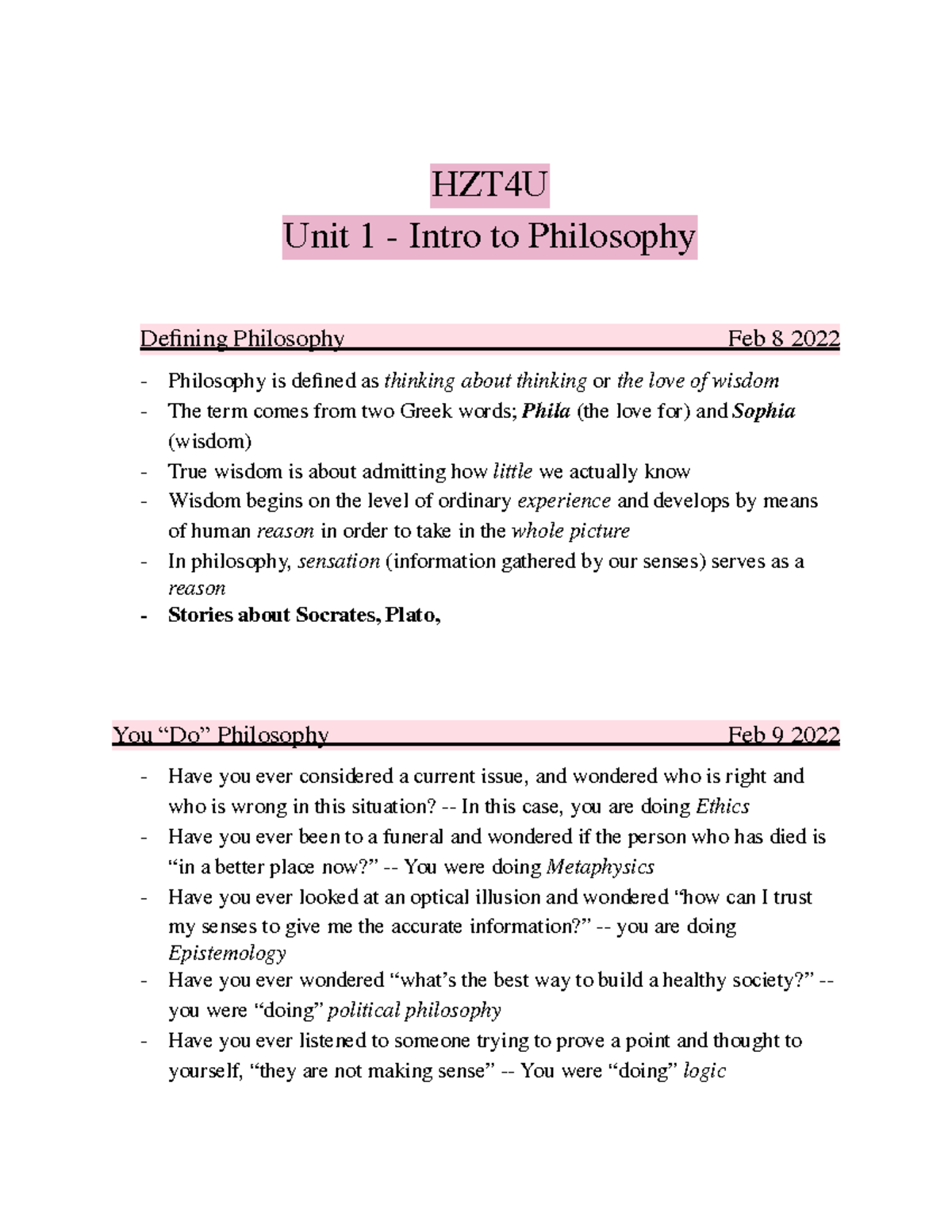 Unit 1 Notes - HZT4U - Introduction to Philosophy Overview - Studocu