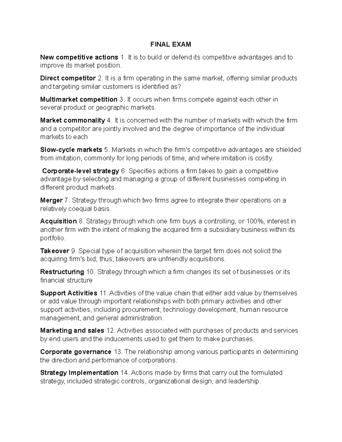 Final EXAM - sdasda - FINAL EXAM New competitive actions 1. It is to ...