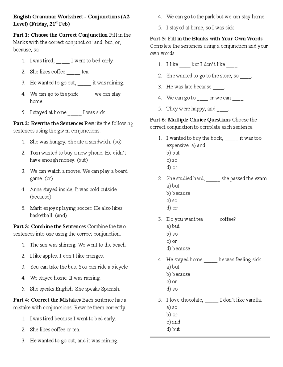 English Grammar Worksheet: Conjunctions (A2 Level) - Exercises ...