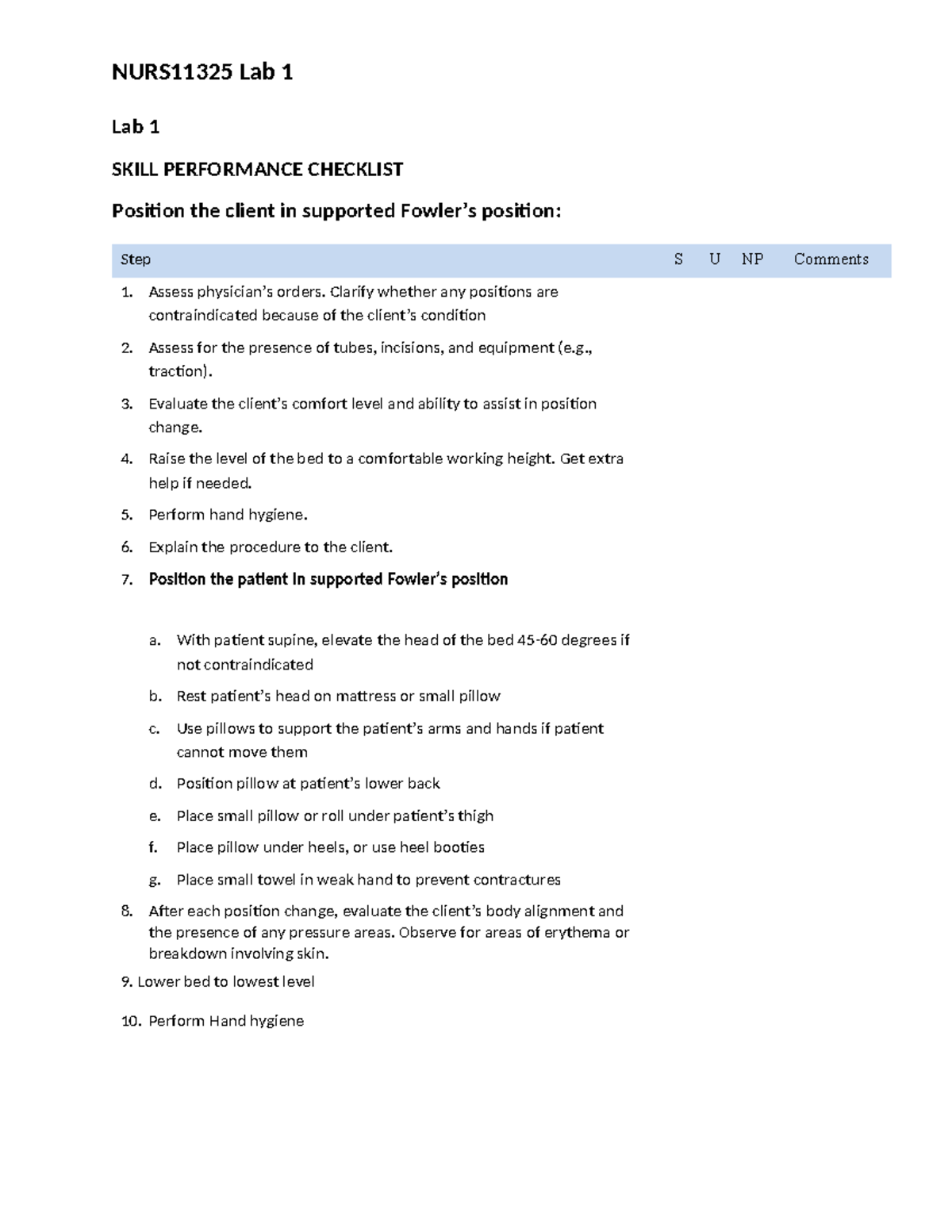 NURS11325 Lab 1: Fowler's Position Skill Performance Checklist - Studocu