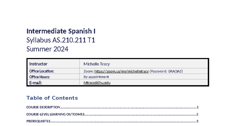 Intermediate Spanish I Syllabus AS.210.211 T1 Summer 2024 - Studocu