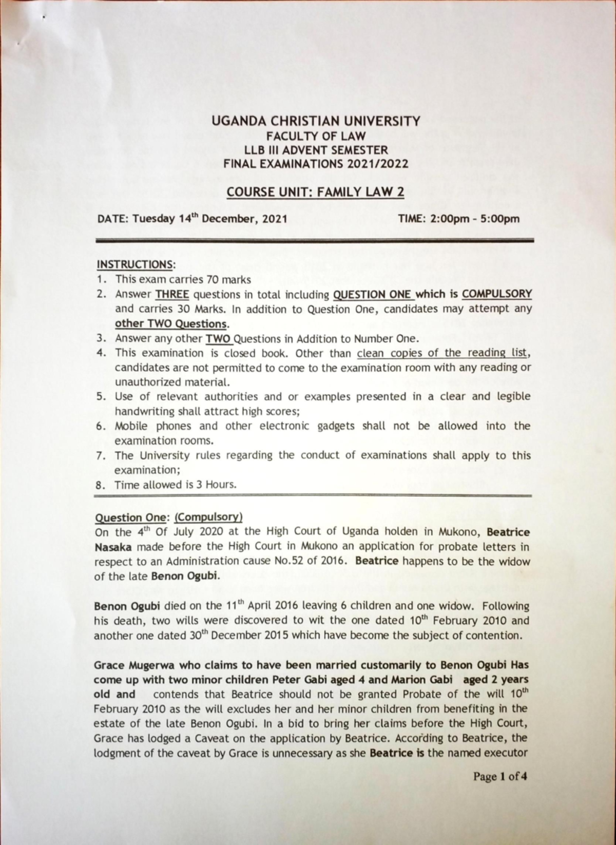 Examination Past Papers for LLB III Final Exams 2021: Family Law 2 ...